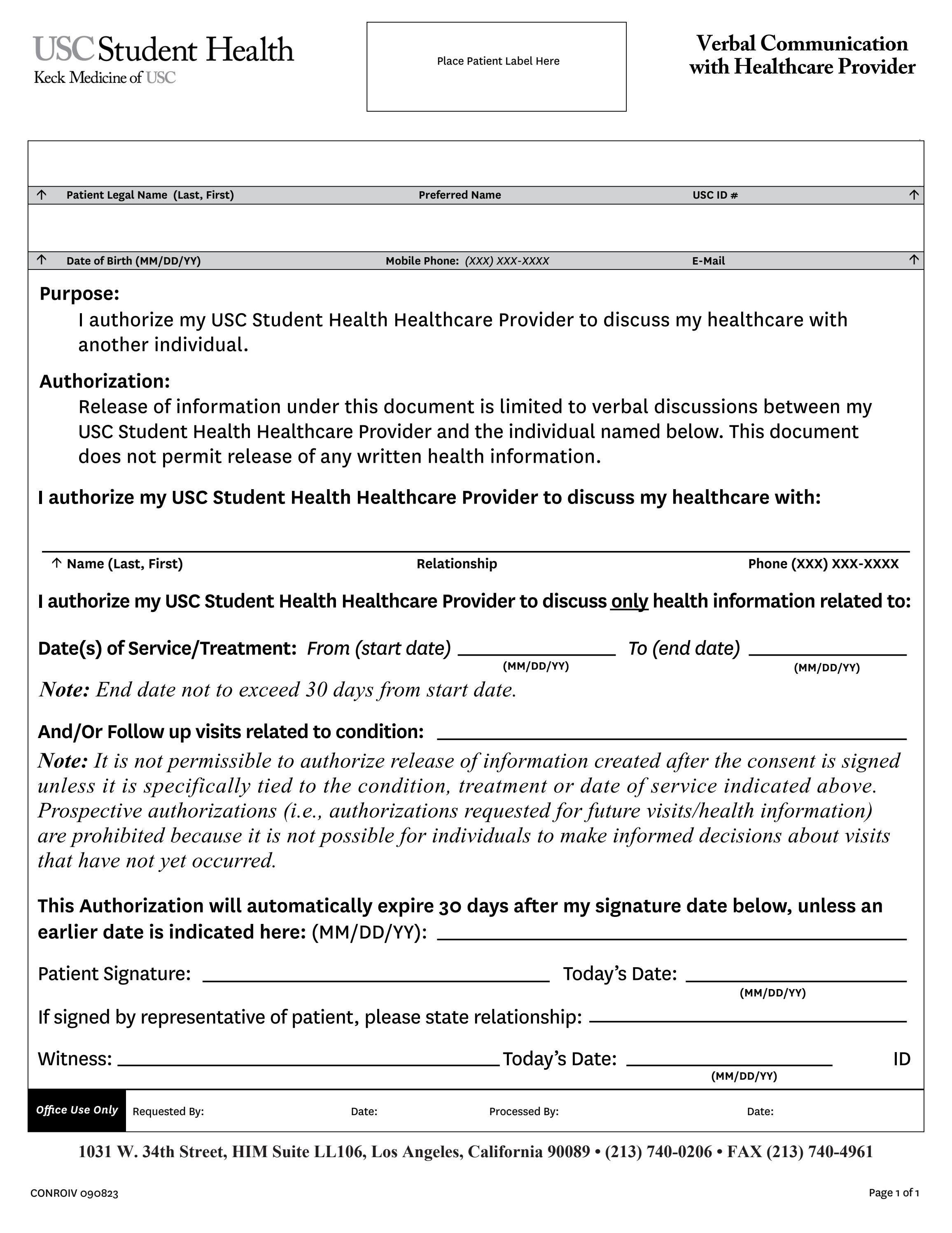 Authorization - Verbal Communication with Healthcare Provider by ...