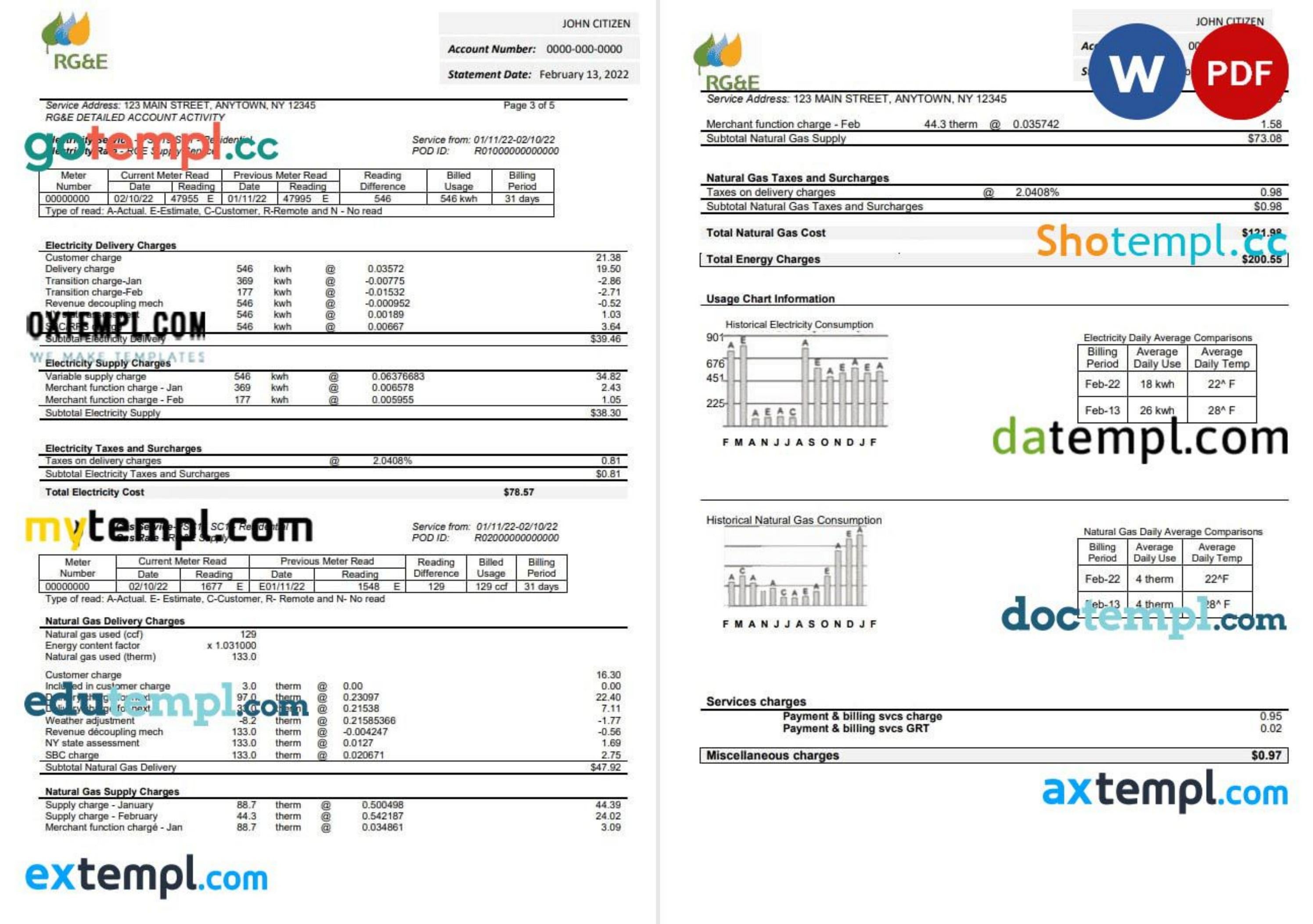 USA RG&E utility bill template in Word and PDF format (2 pages) 3 4 by ...