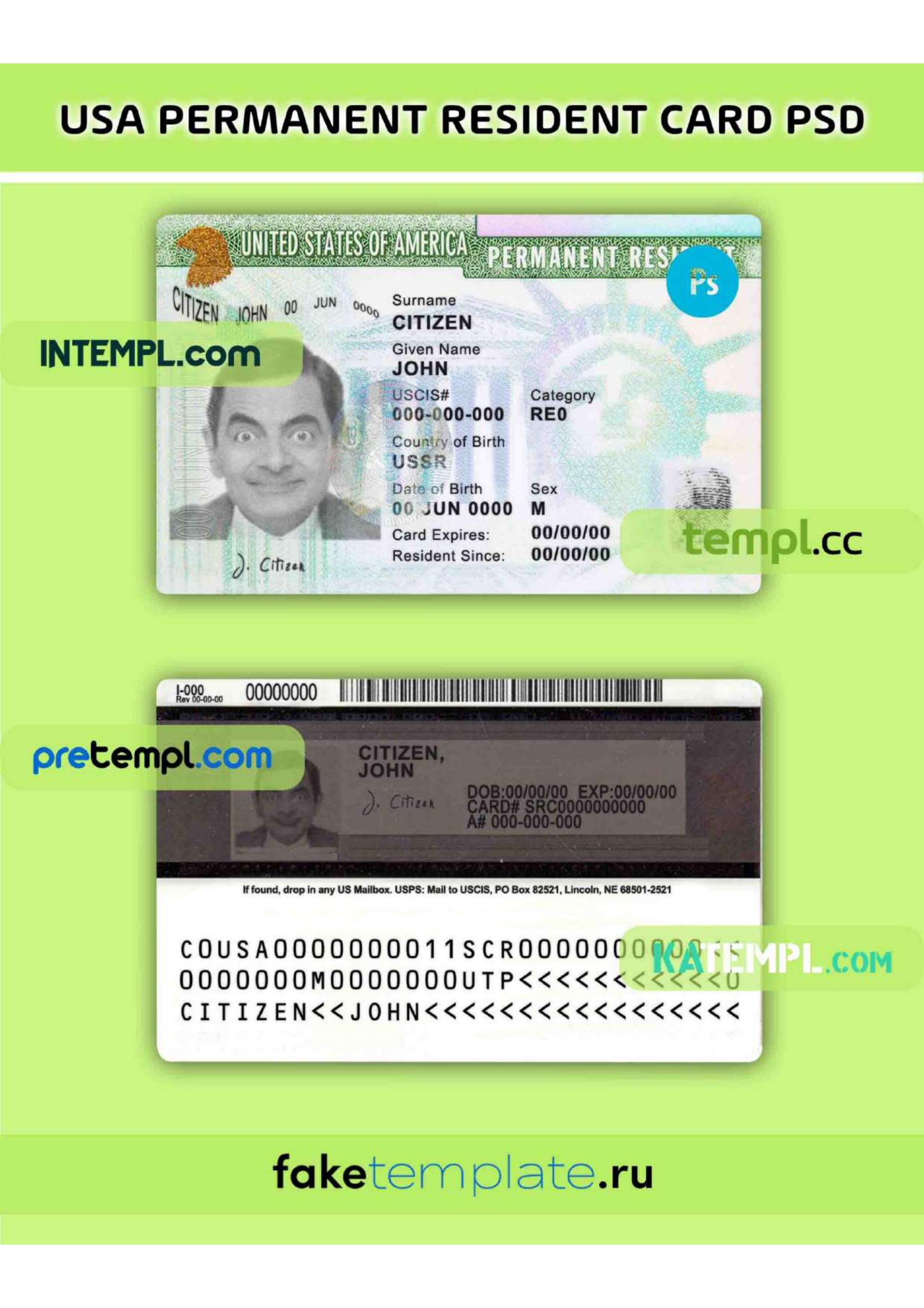 USA green card, permenet residance card PSD download template by ...