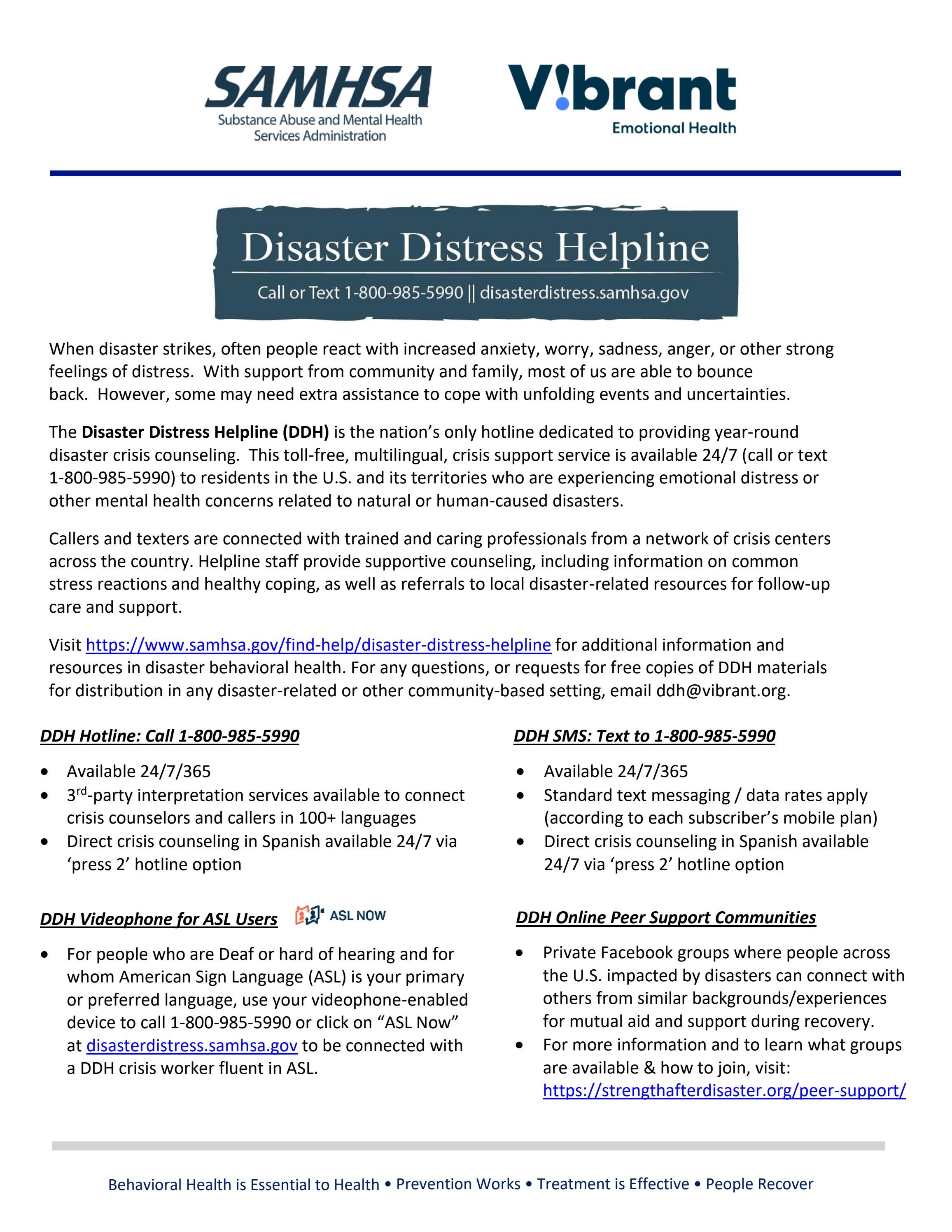 English Disaster Distress Helpline One Pager by Disaster Distress ...