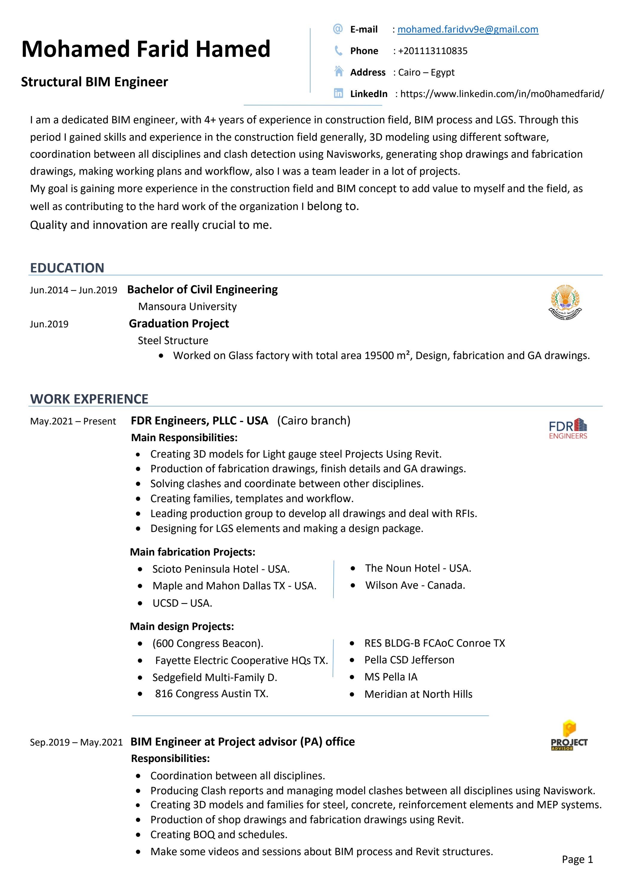 Mohamed Farid - Structural BIM Engineer - Resume by mohamedfaridvv9 - Issuu