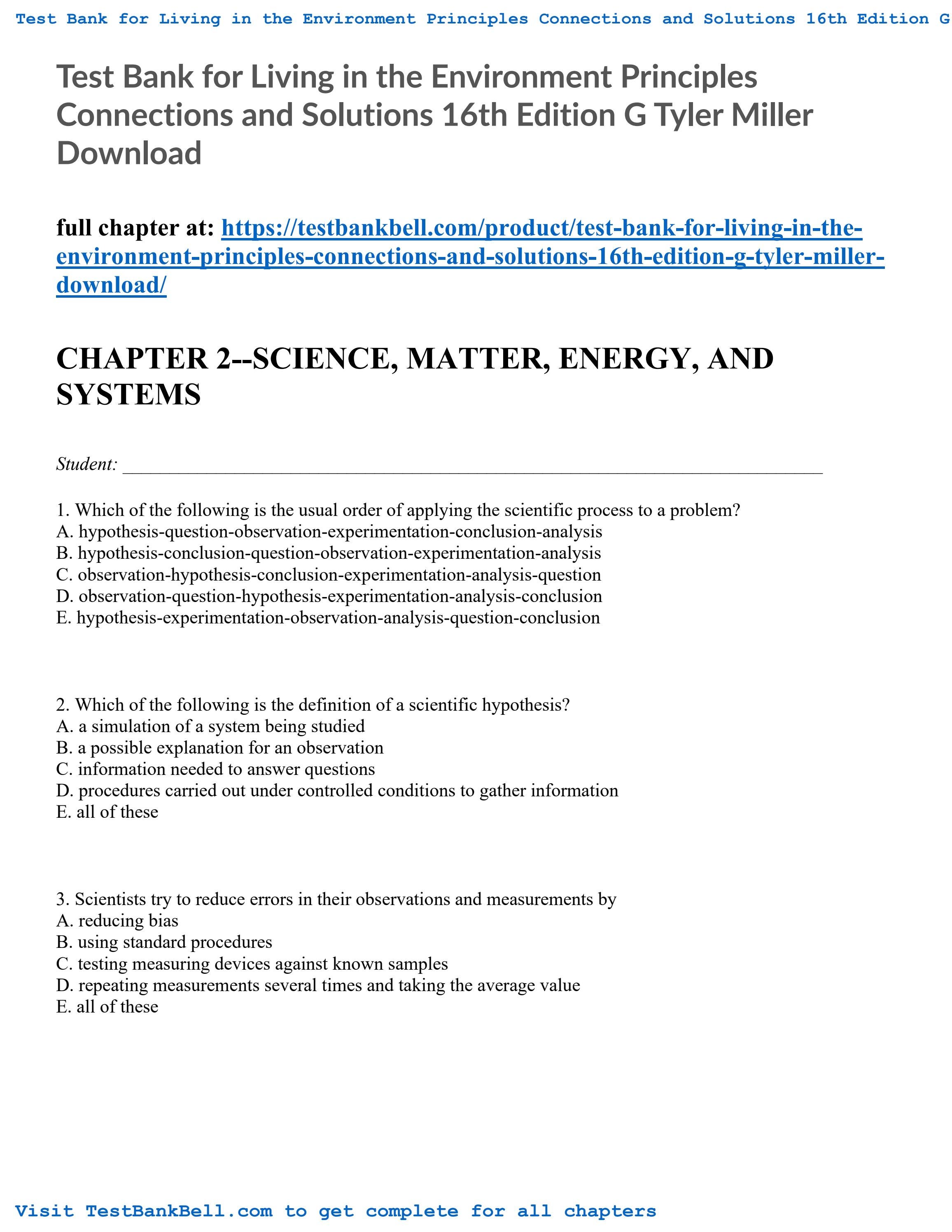 Test bank for living in the environment principles connections and ...