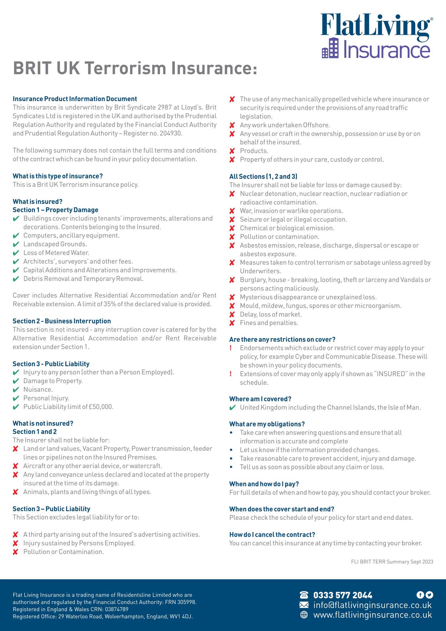 FLI Brit Terrorism Insurance Summary / IPID Sept 2023 by Belinda Thorpe ...