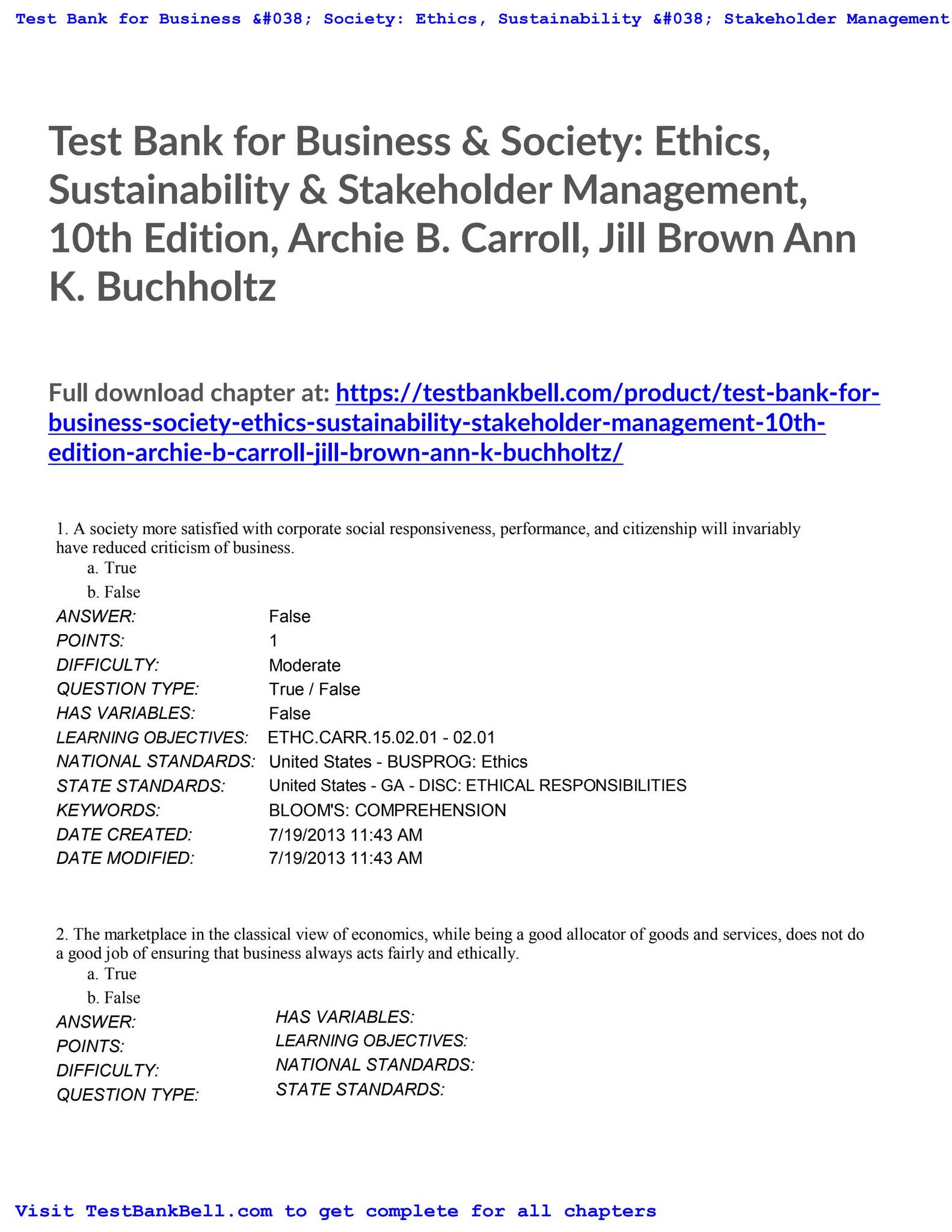 Test bank for business society ethics sustainability stakeholder ...