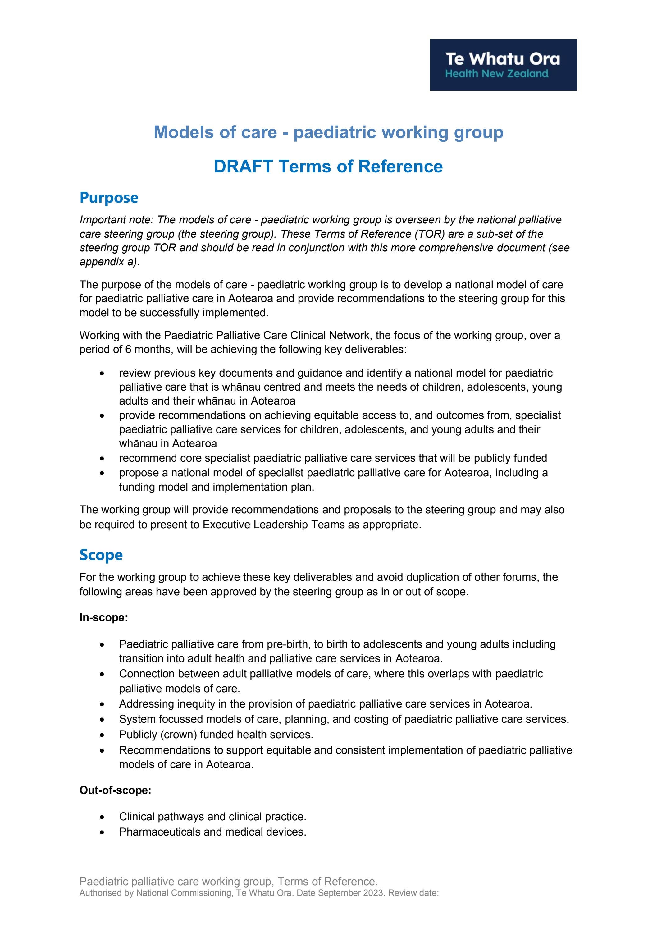 DRAFT Terms of Reference models of care paediatric working group by WBOP PHO - Issuu