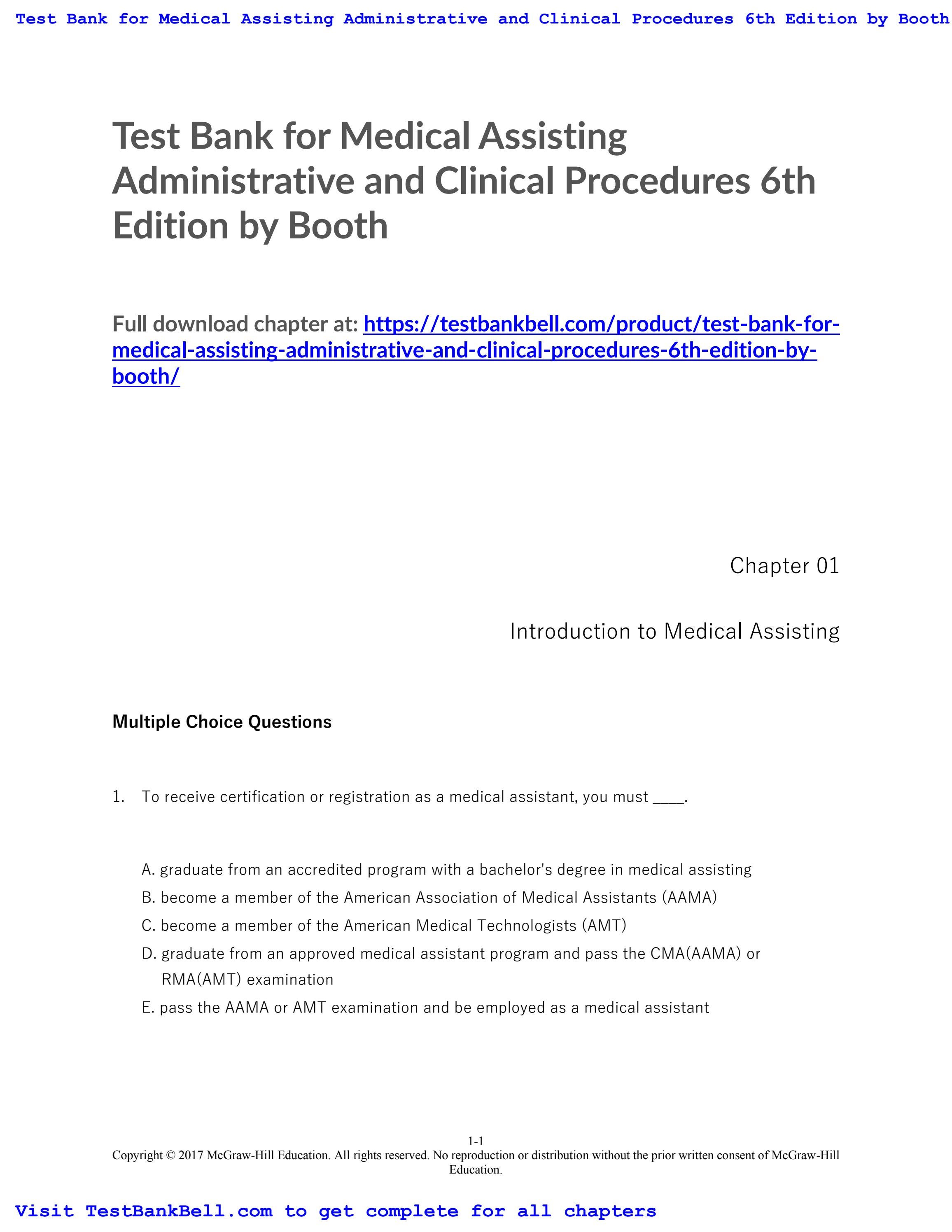 Test bank for medical assisting administrative and clinical procedures ...