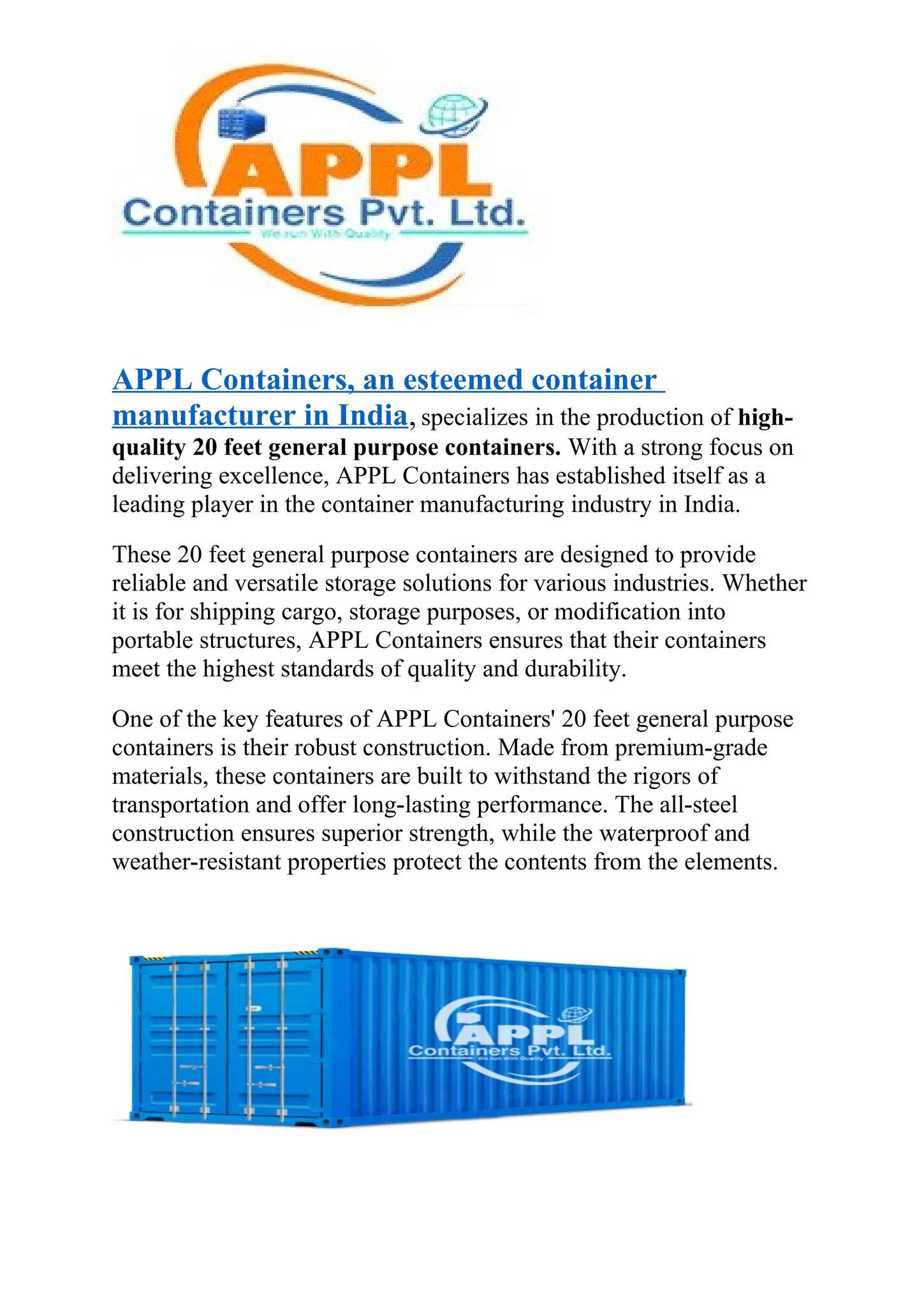 20 Feet General Purpose Container Manufacturer in India - APPL ...
