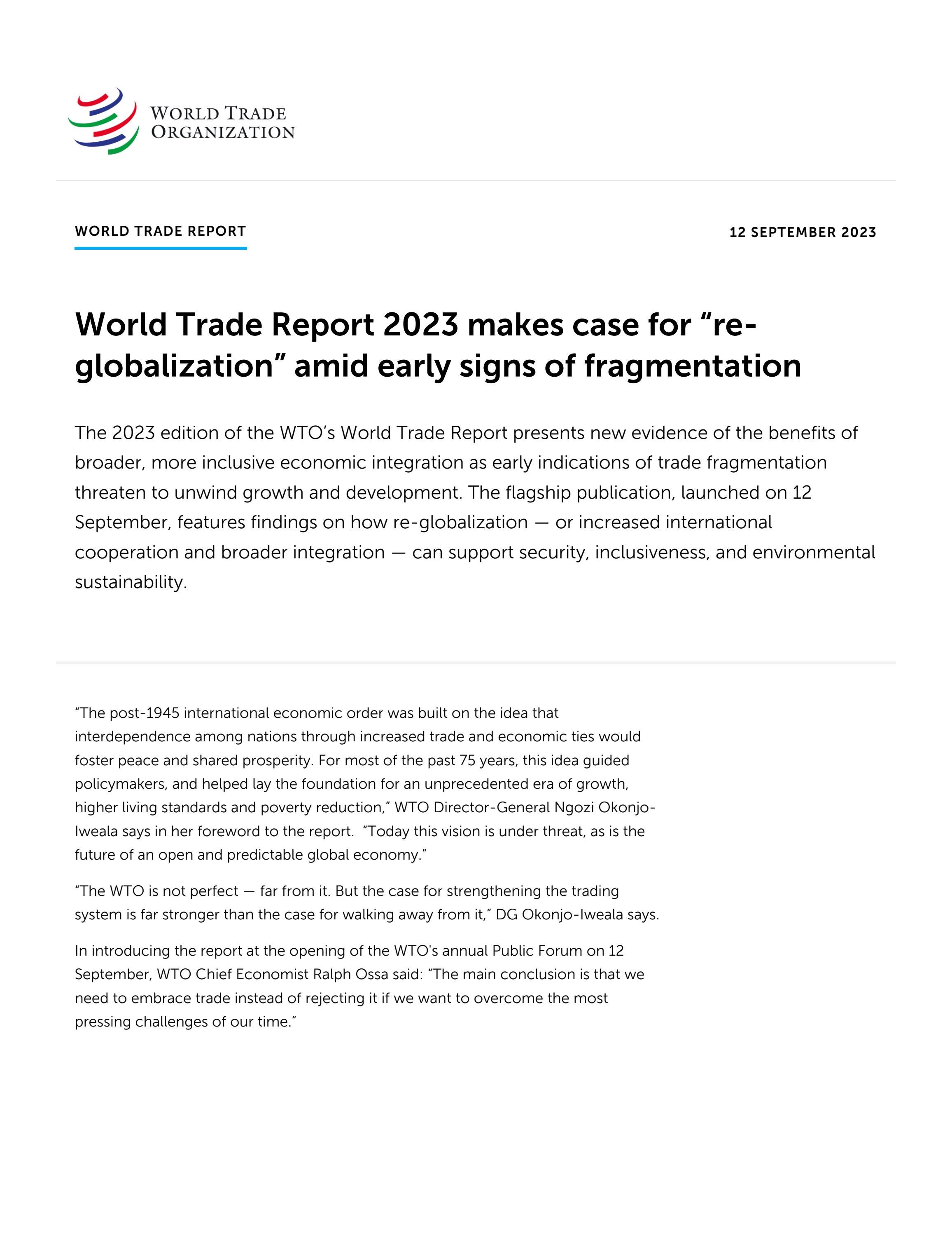 World Trade Report 2023 makes case for “re-globalization” amid early ...