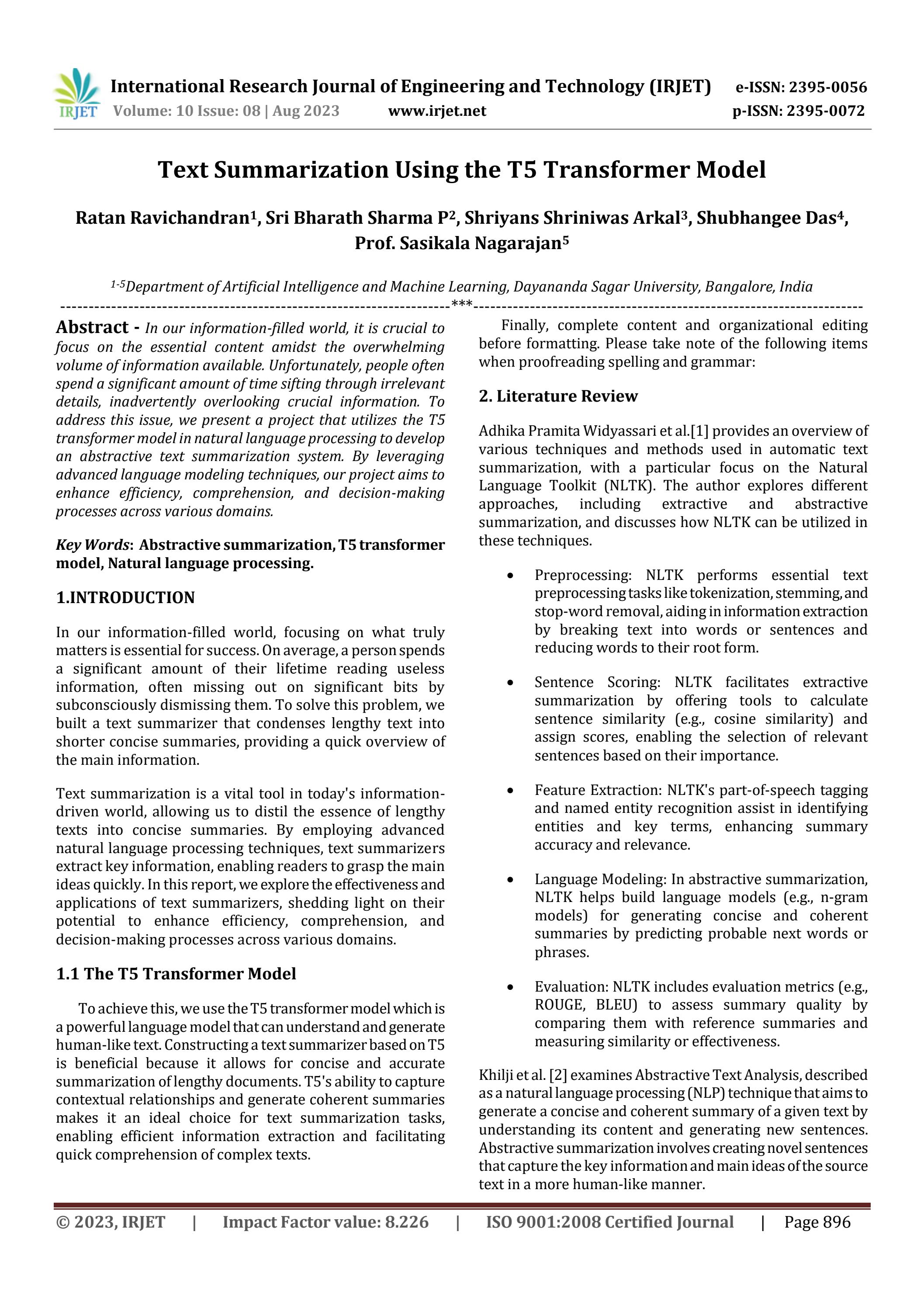 Text Summarization Using the T5 Transformer Model by IRJET Journal - Issuu
