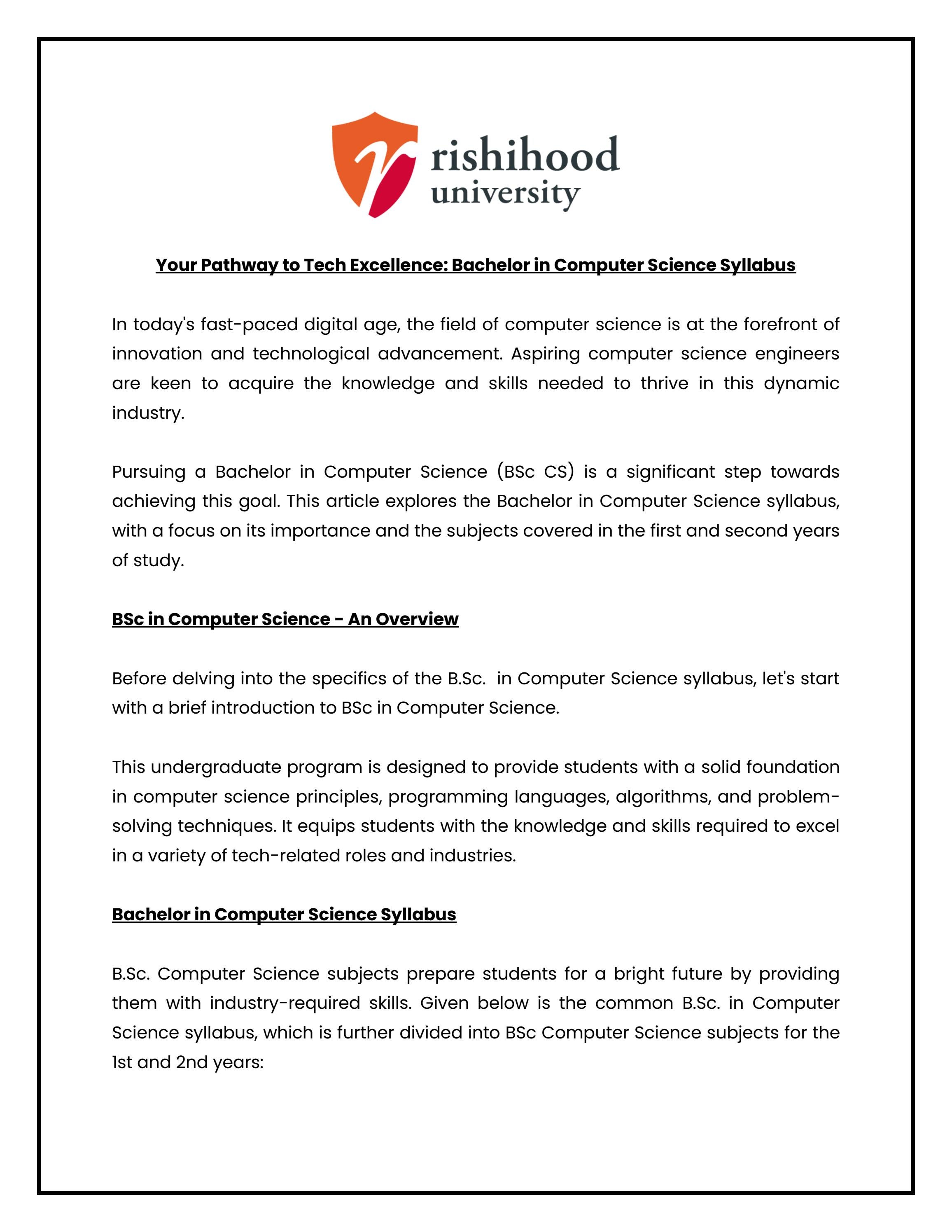Your Pathway To Tech Excellence Bachelor In Computer Science Syllabus By Rishihood University