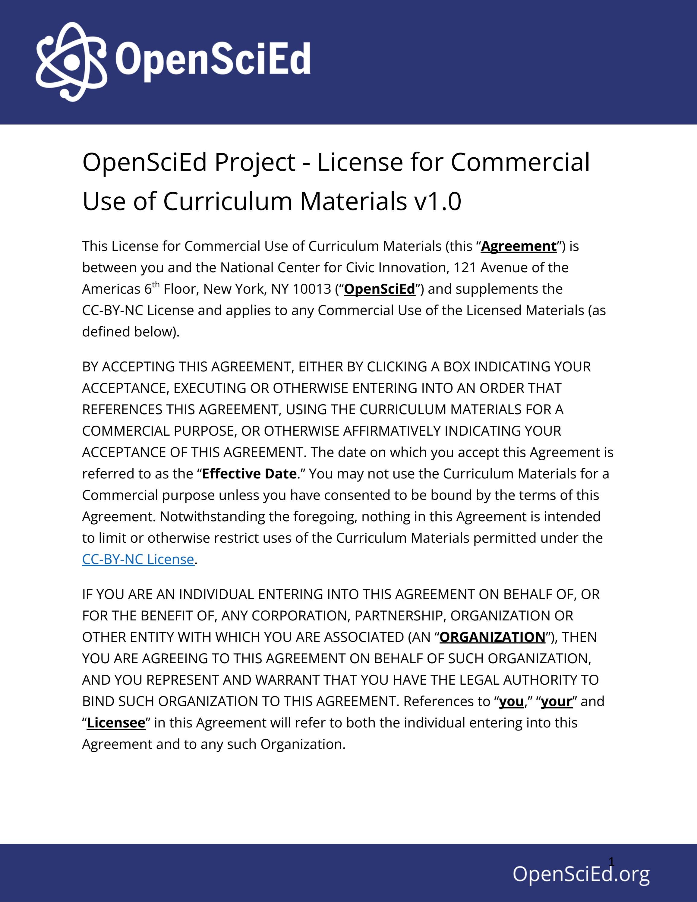 OpenSciEd Project - License for Commercial Use of Curriculum Materials ...