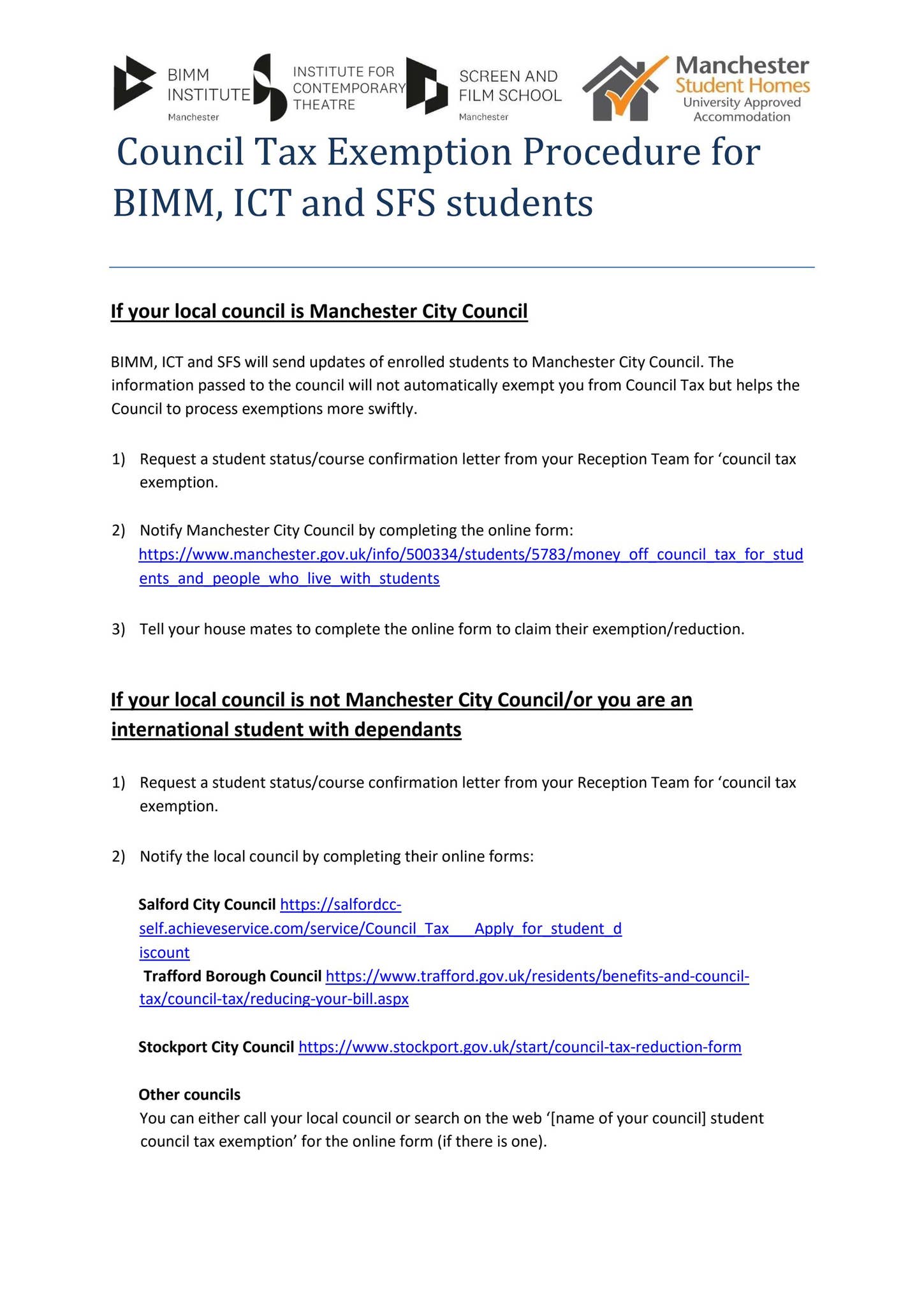 Council Tax Exemption Procedure for BIMM, ICT and SFS students by Manchester Student Homes - Issuu