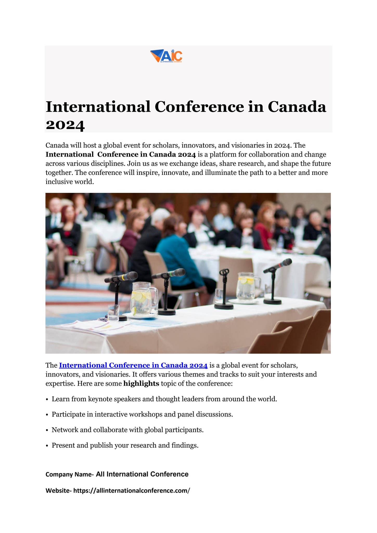 International Conference in Canada 2024 by allinternationalconferenceus ...
