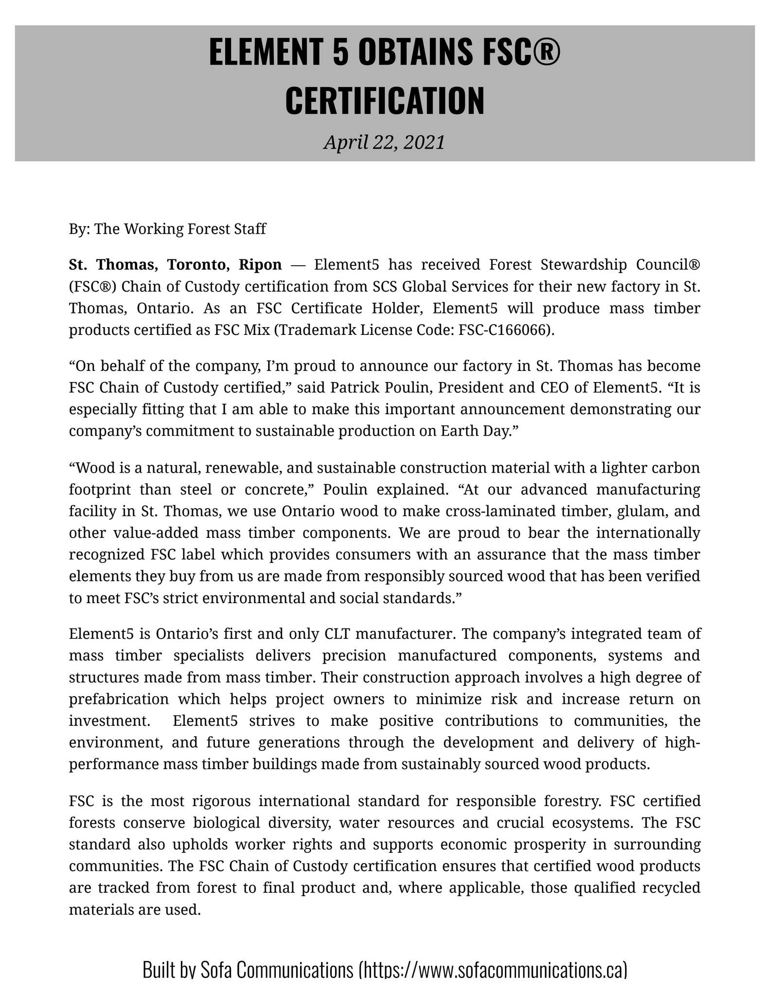 Element 5 Obtains FSC® Certification - The Working Forest by Element5 - Issuu
