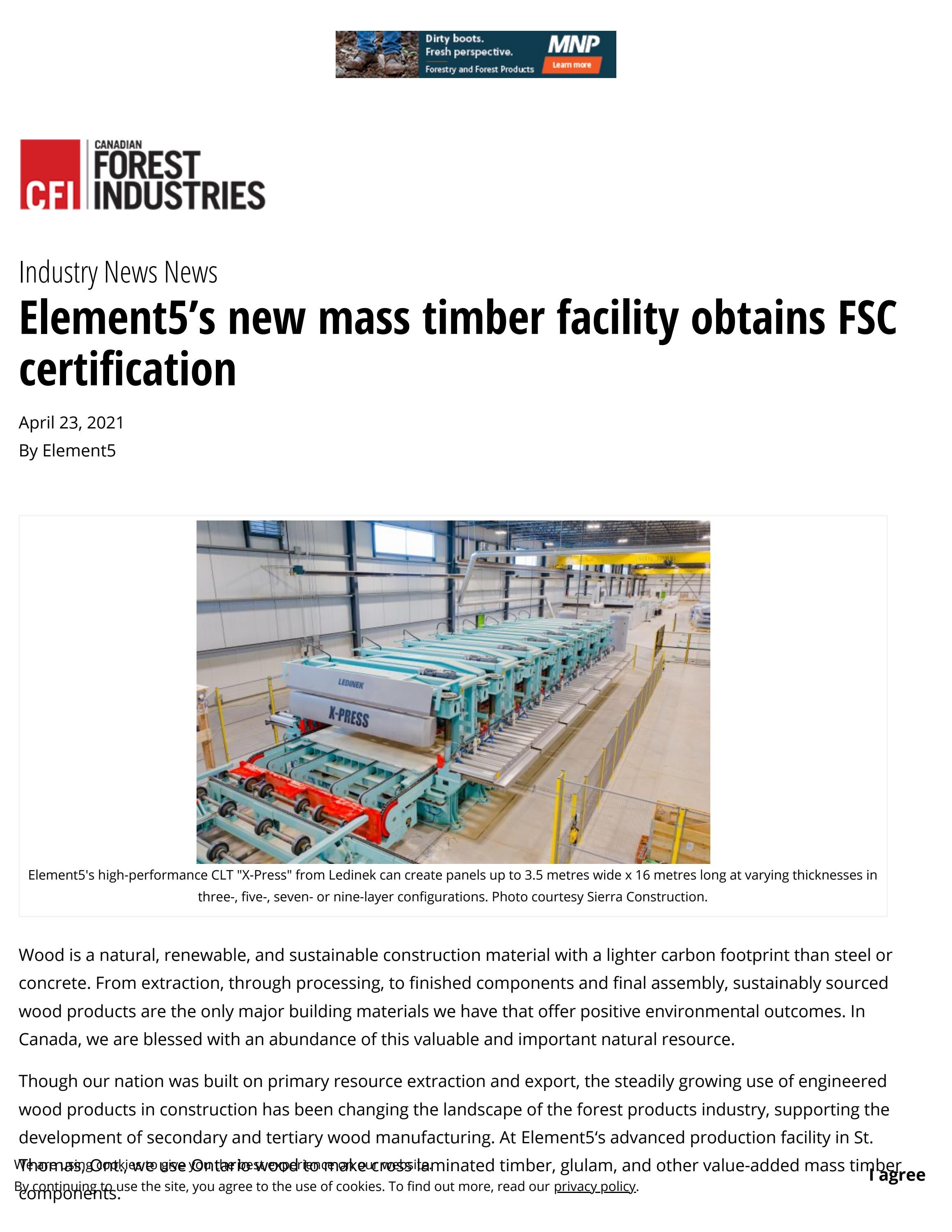 Element5's new mass timber facility obtains FSC certification ...