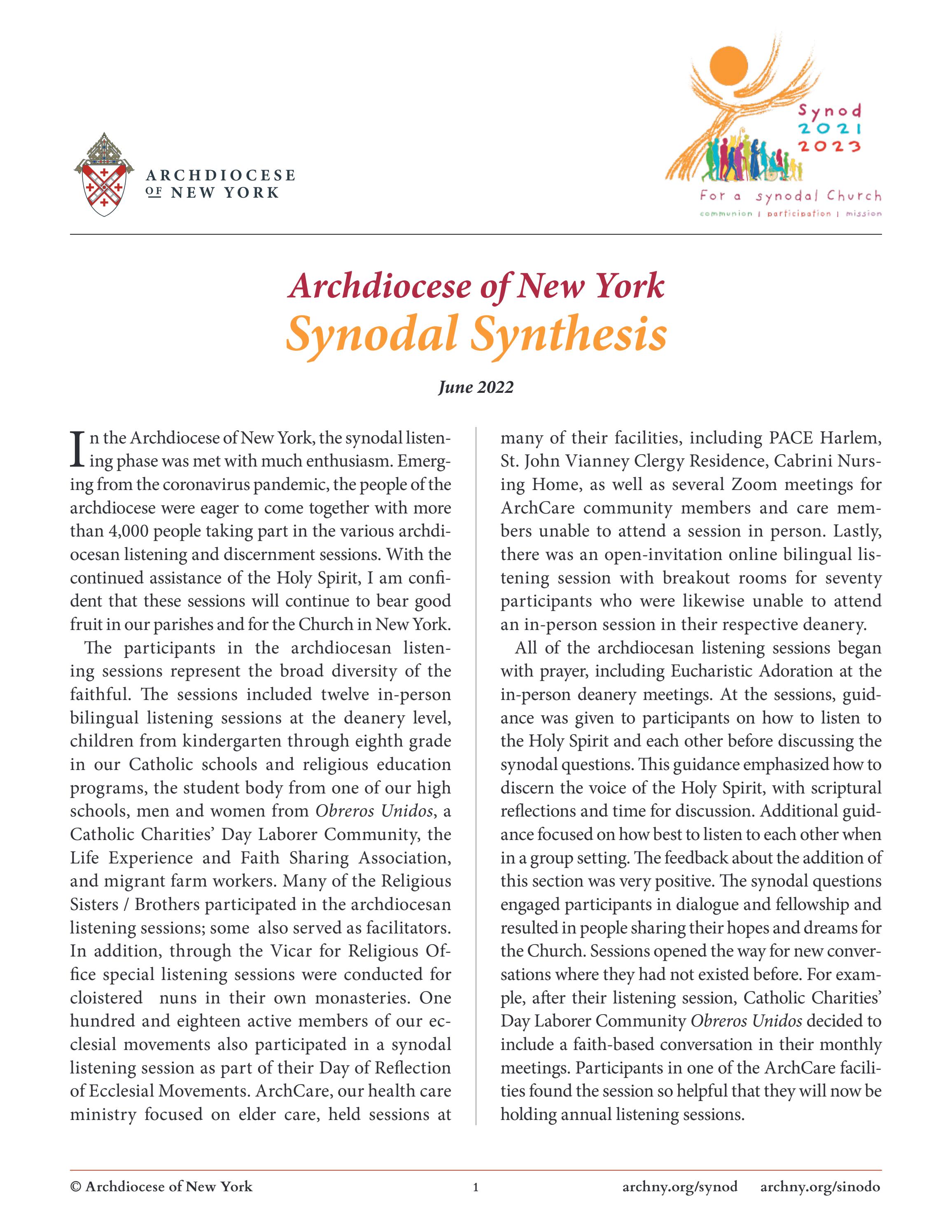ADNY Synod Synthesis by Archdiocese of New York - Issuu
