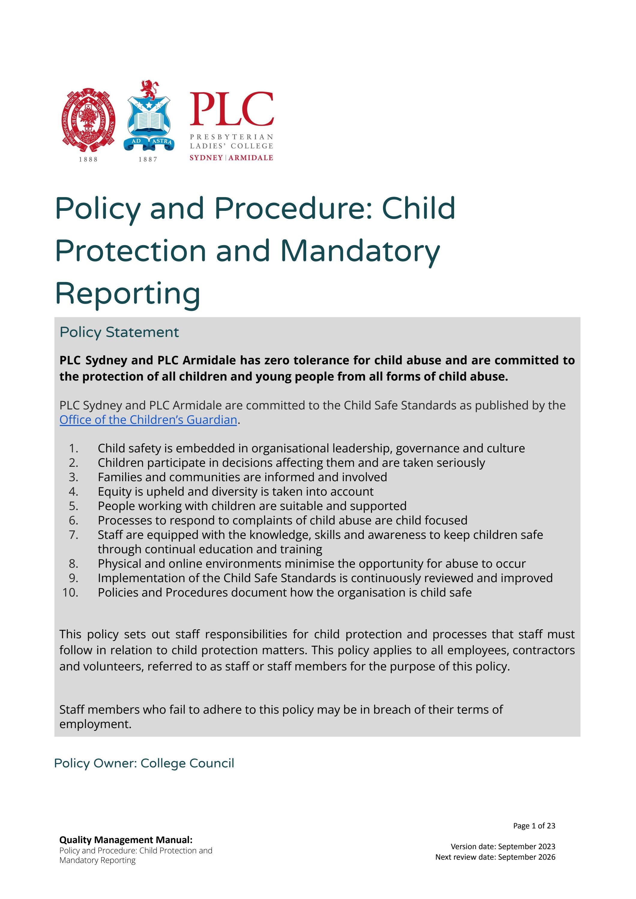 PLC Sydney Child Protection and Mandatory Reporting Policy 2023 by PLC ...