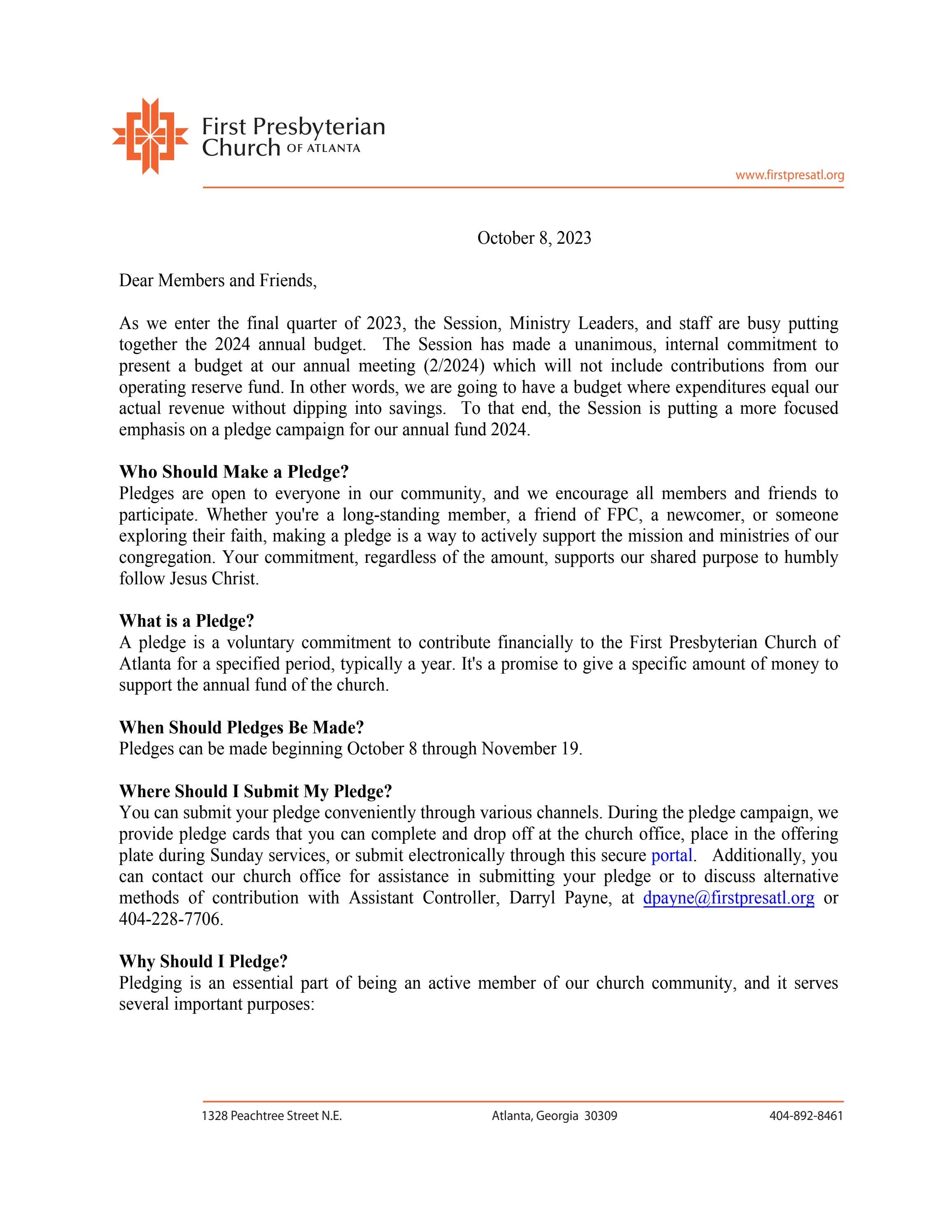 Letter From Tony, 2024 Annual Fund Pledges by First Presbyterian Church ...
