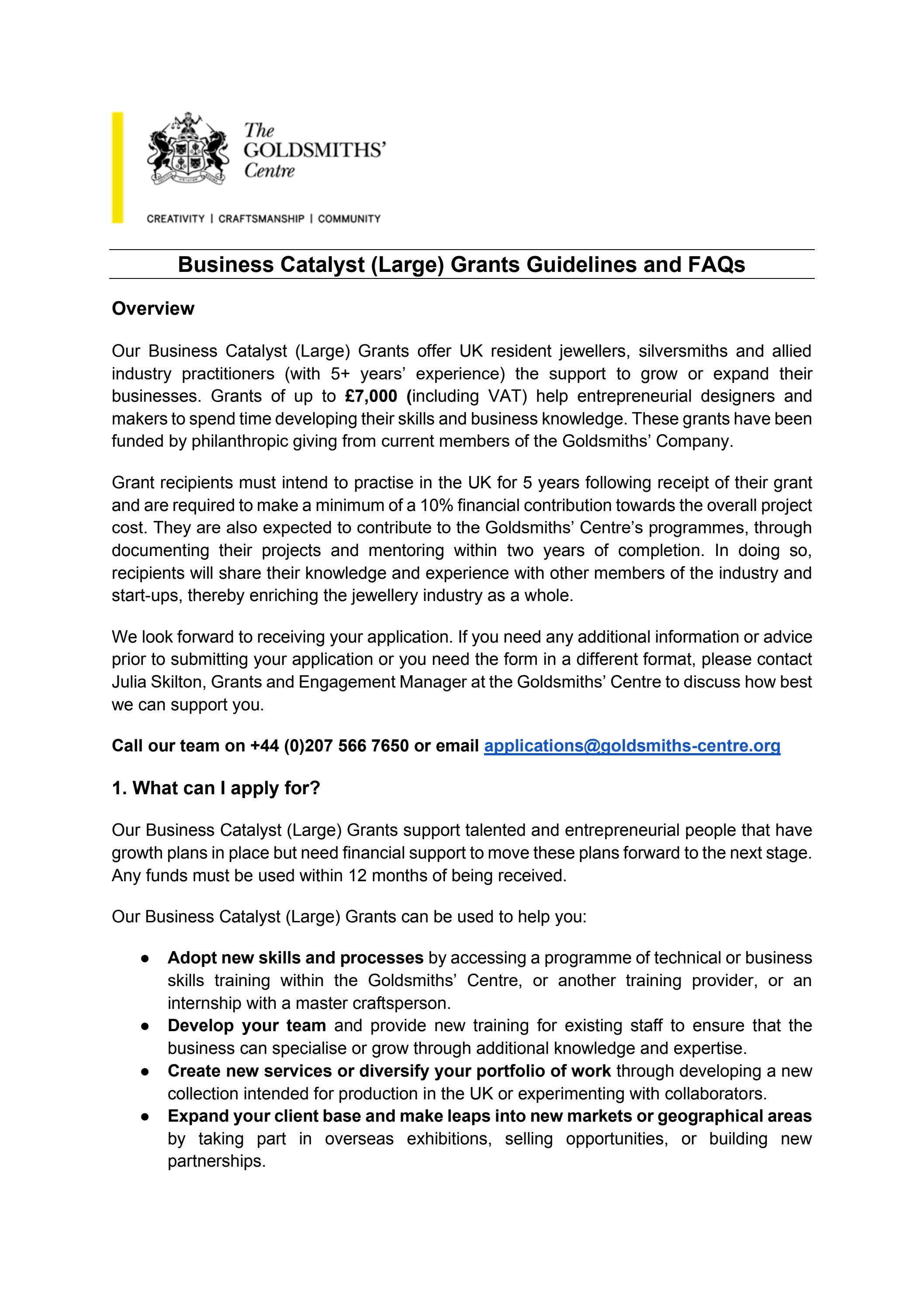 Business Catalyst (Large) Grants Guidelines and FAQs by The Goldsmiths' Centre - Issuu
