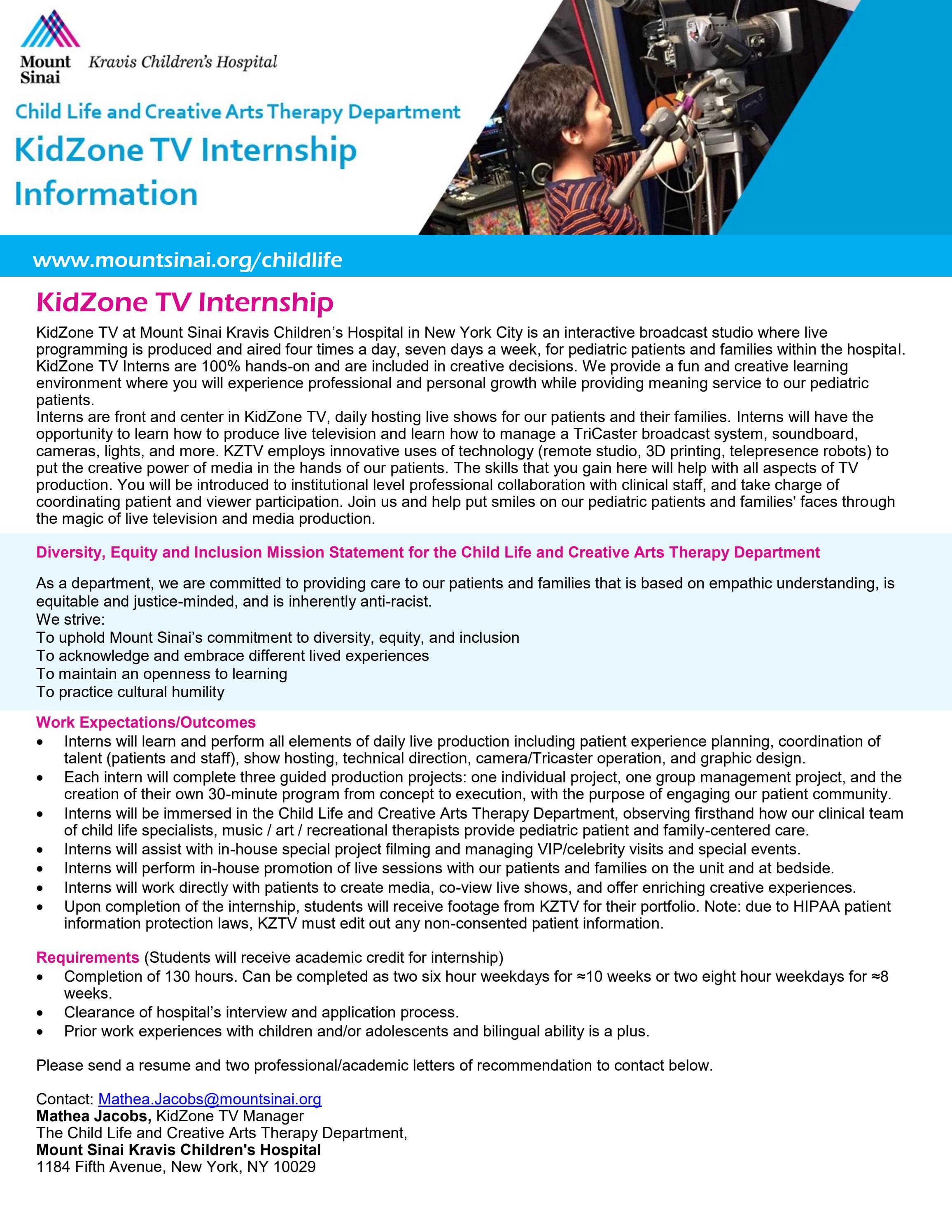 KidZone TV Internship Information by Child Life and Creative Arts ...