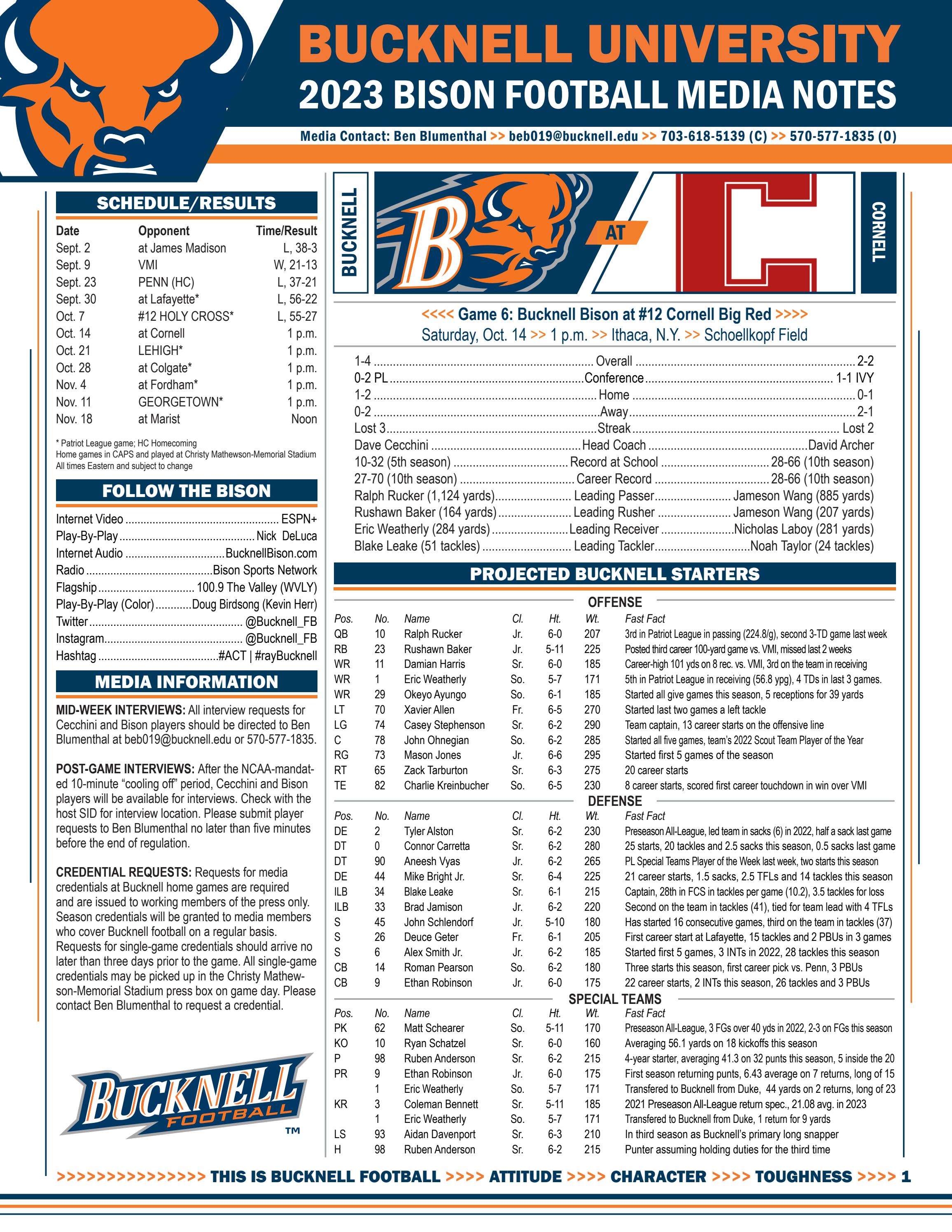 Bucknell Football Game Notes at Cornell by Bucknell University - Issuu
