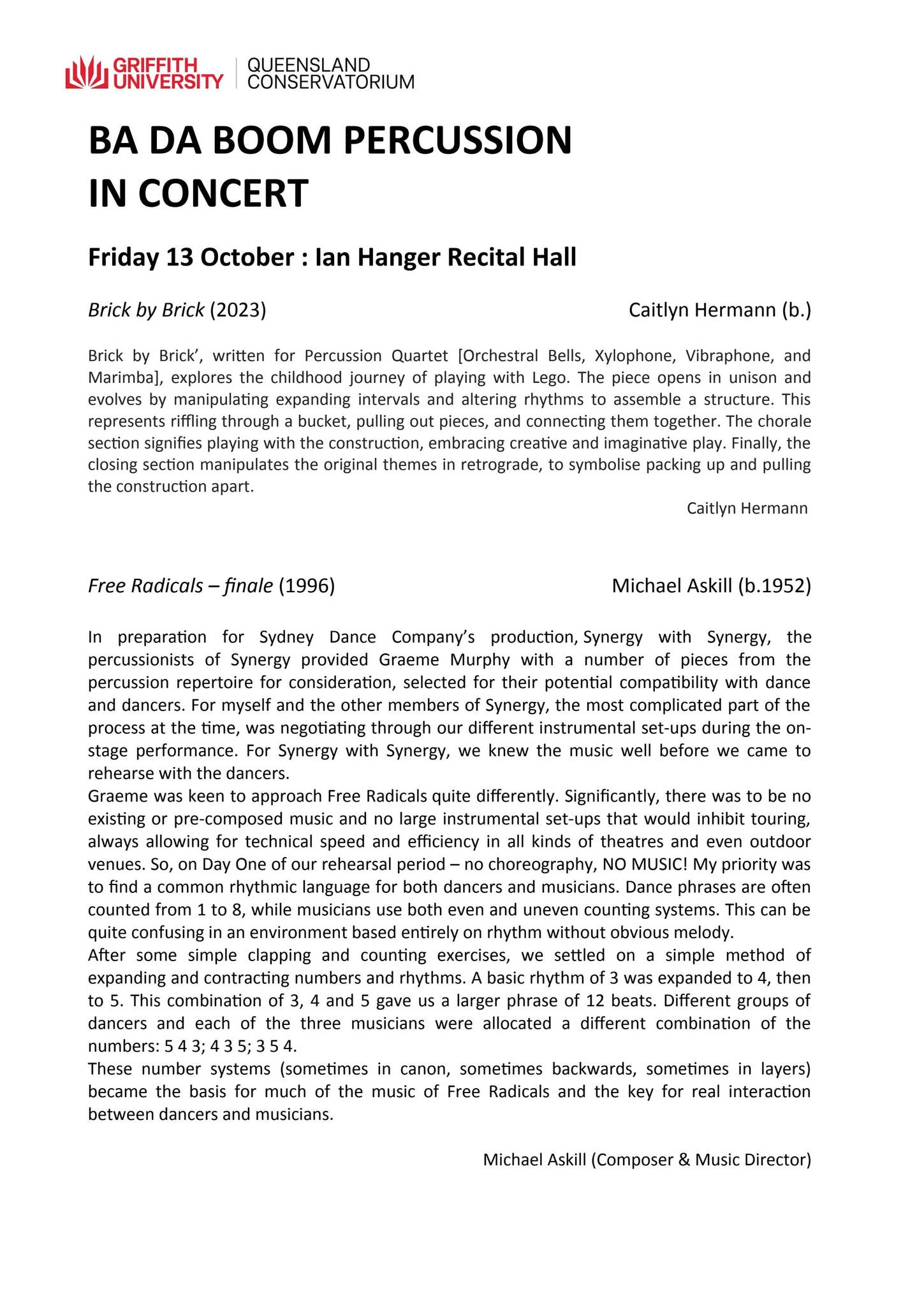 Program - Ba Da Boom Percussion by Queensland Conservatorium Griffith ...