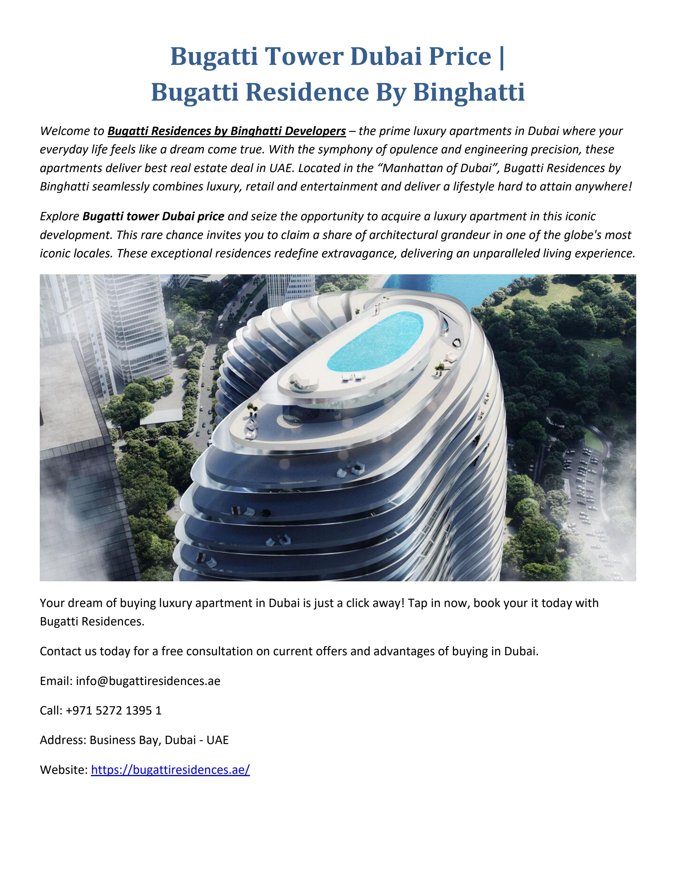 Bugatti Tower Dubai Price | Bugatti Residence By Binghatti by ...