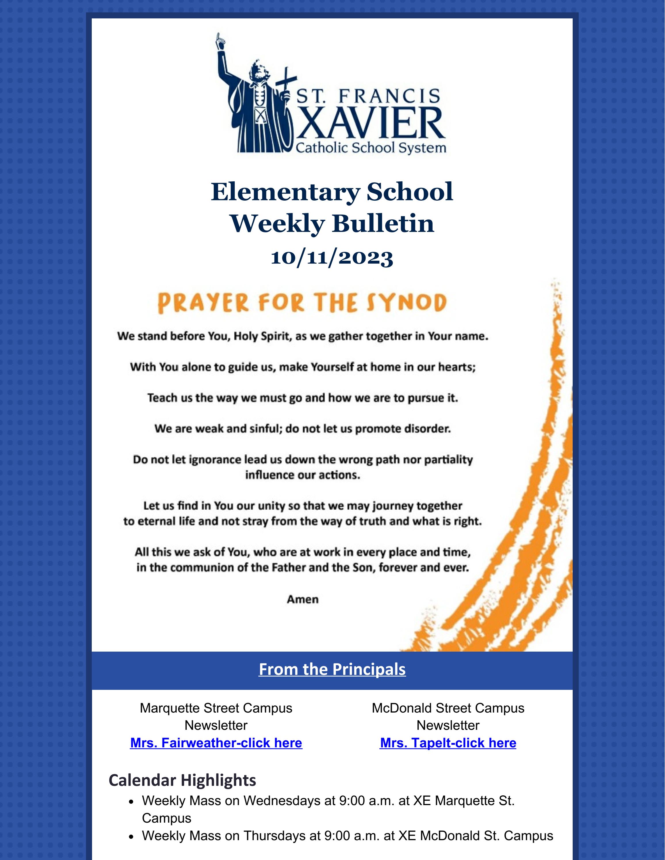Elementary School Weekly Bulletin 101123 by XavierHawks - Issuu