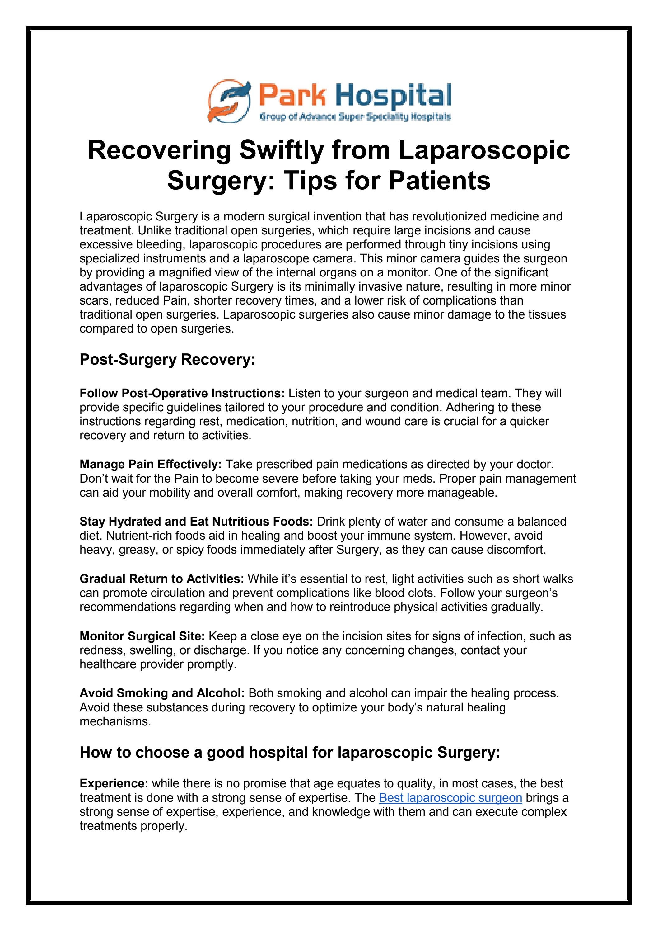 Recovering Swiftly from Laparoscopic Surgery: Tips for Patients by Park Hospital - Issuu