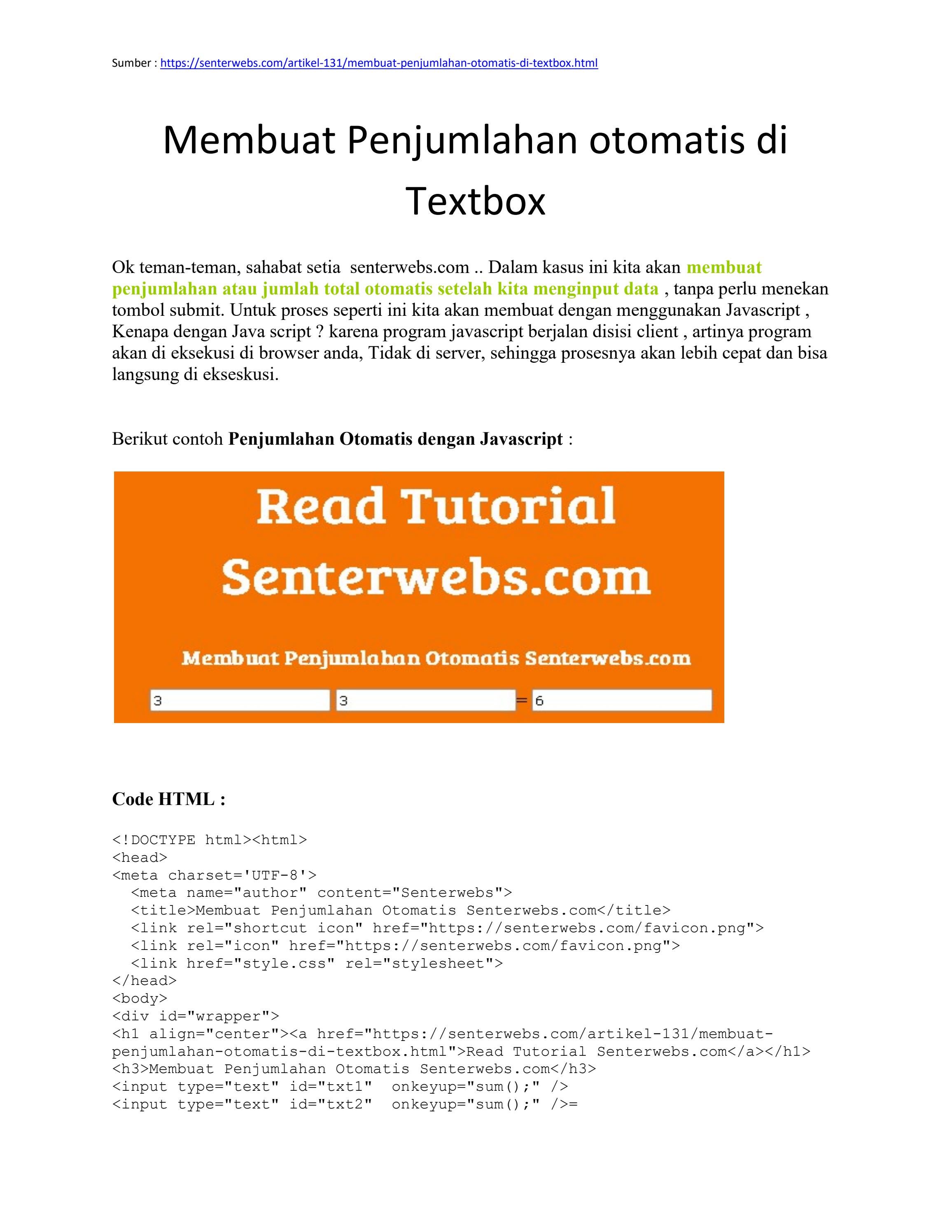 Membuat Penjumlahan otomatis di textbox dengan javascript by senterwebs ...