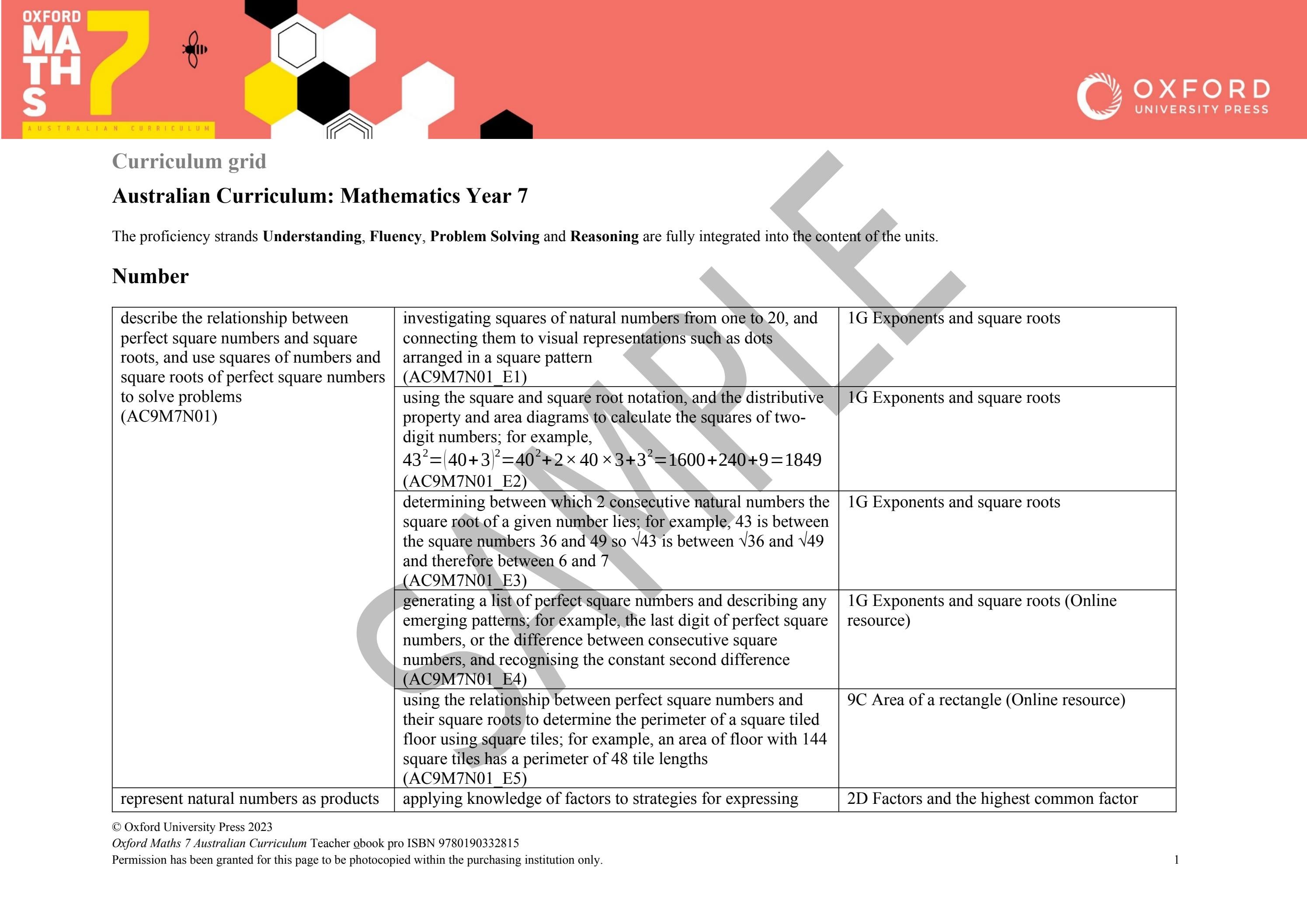Oxford Maths Year 7 Australian Curriculum _ Curriculum Grid [SAMPLE] by ...