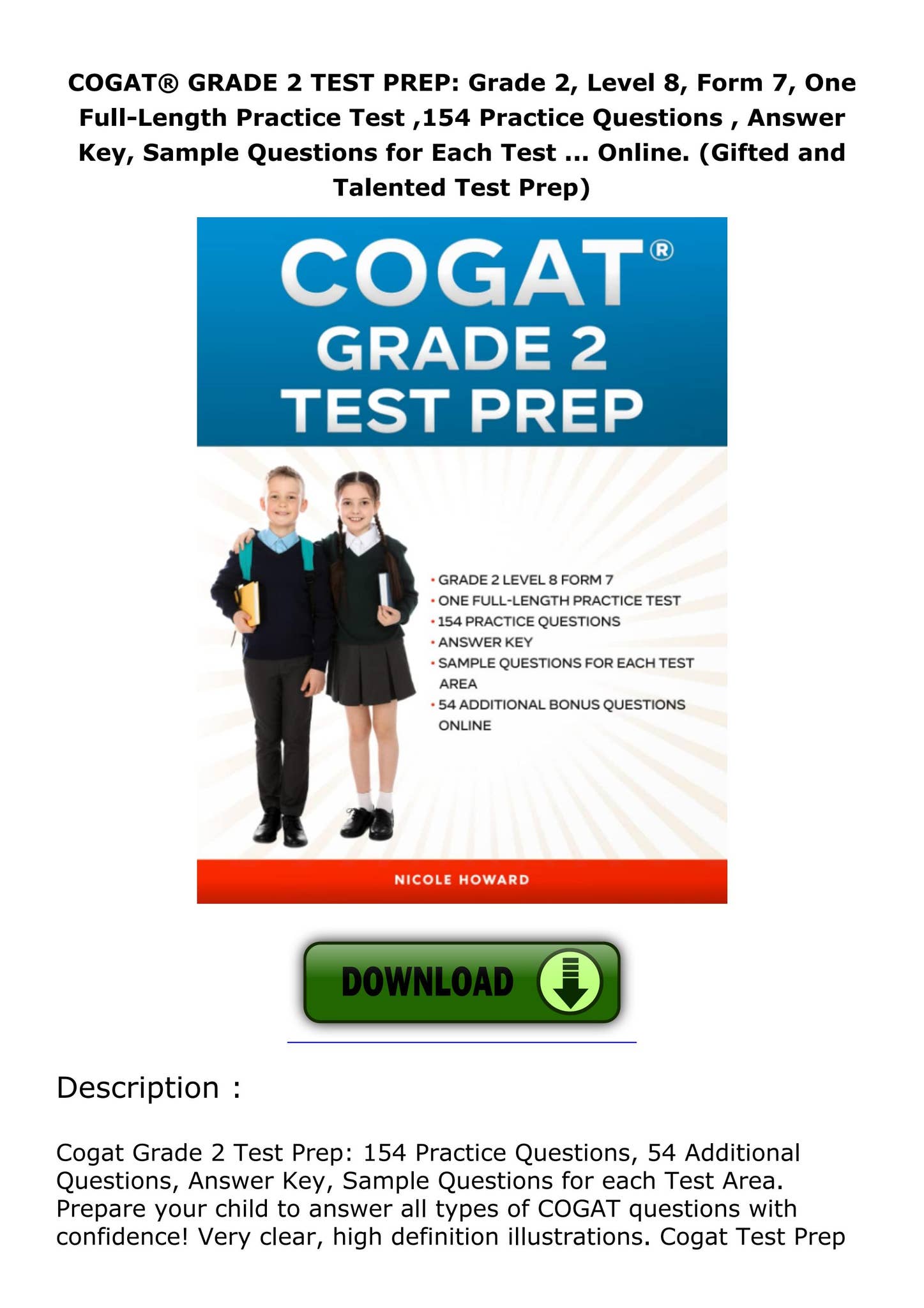 READ [PDF] COGAT® GRADE 2 TEST PREP: Grade 2, Level 8, Form 7, One Full ...