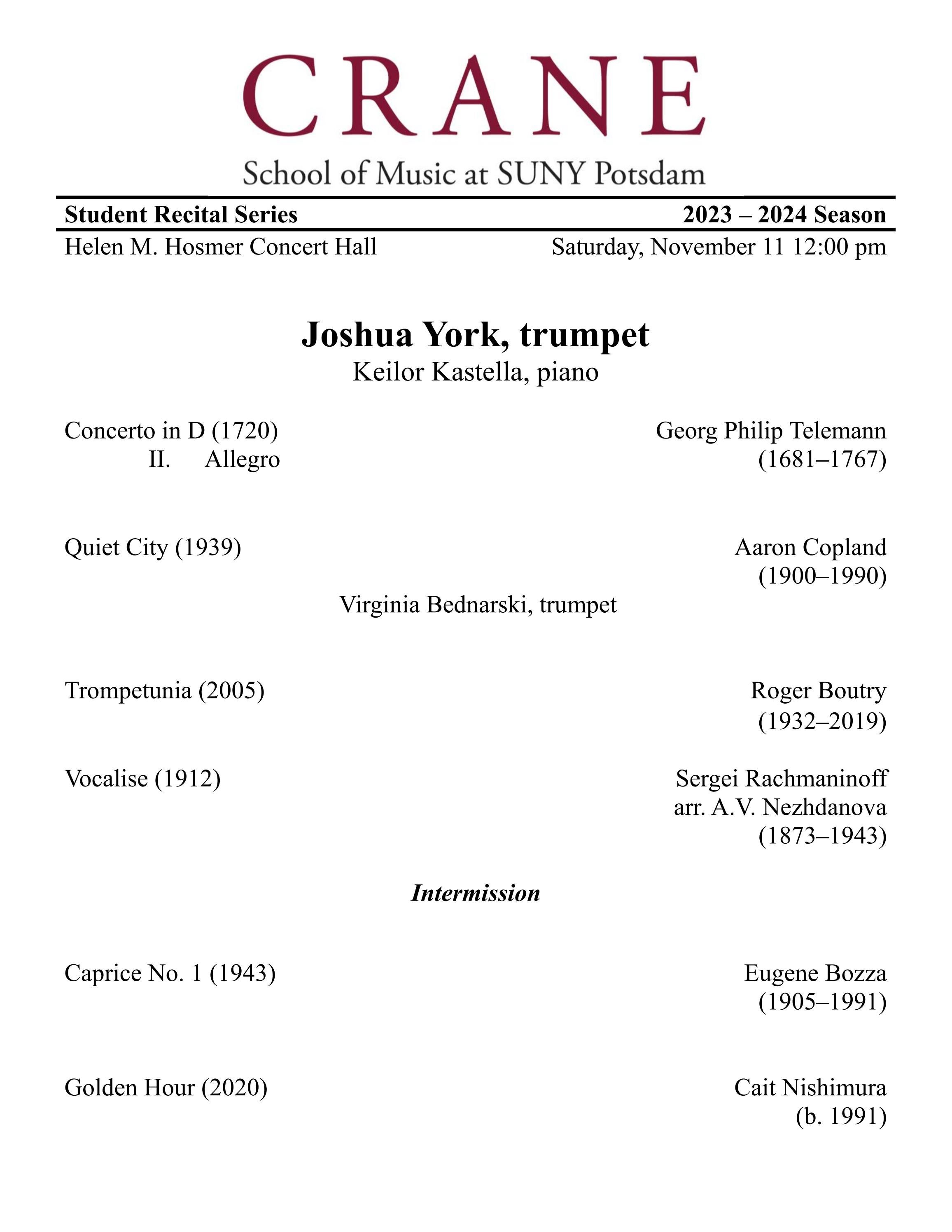 11.11.23 Joshua York, Trumpet by The Crane School of Music - Issuu