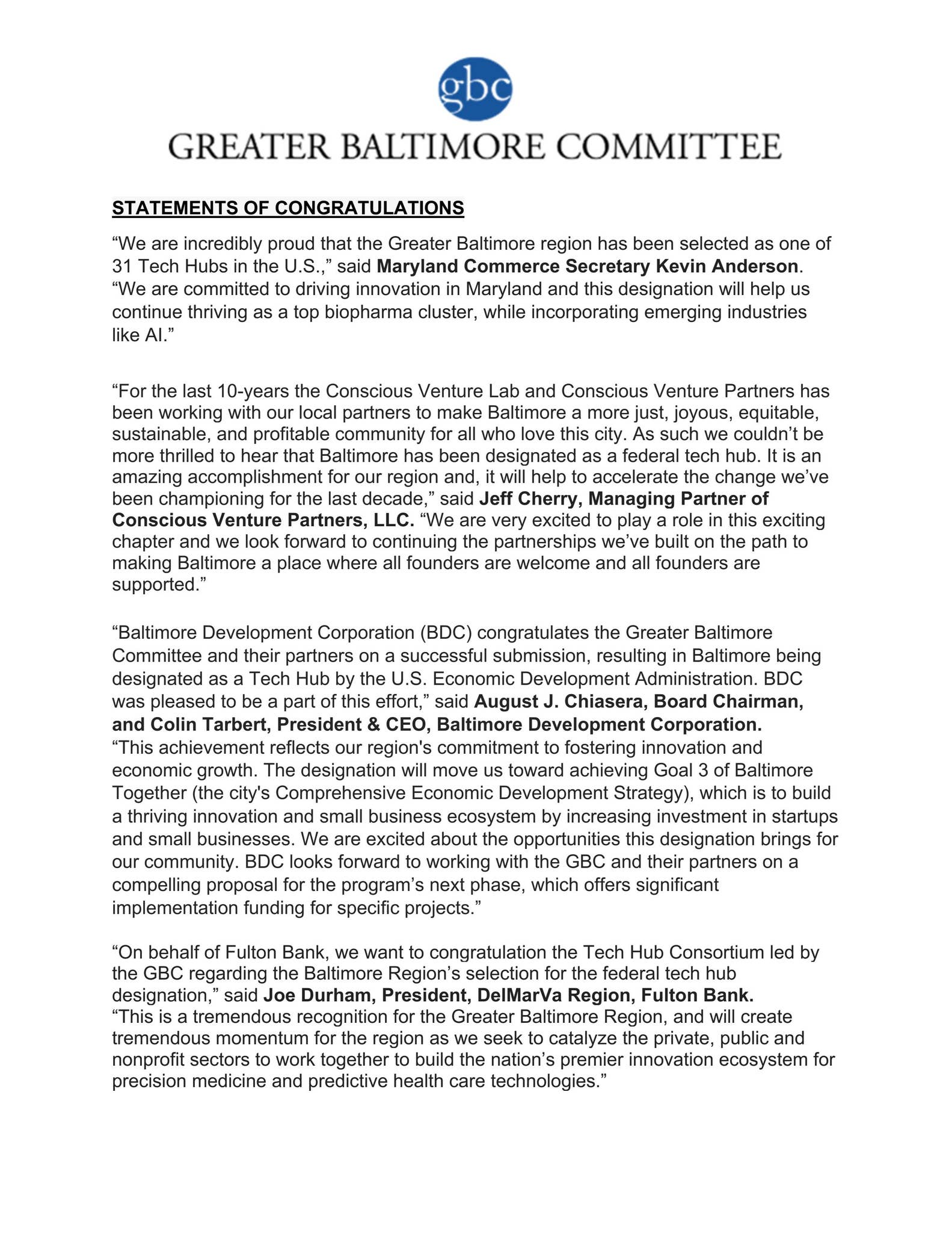 GBC Tech Hub Designation Congratulatory Statements by ...