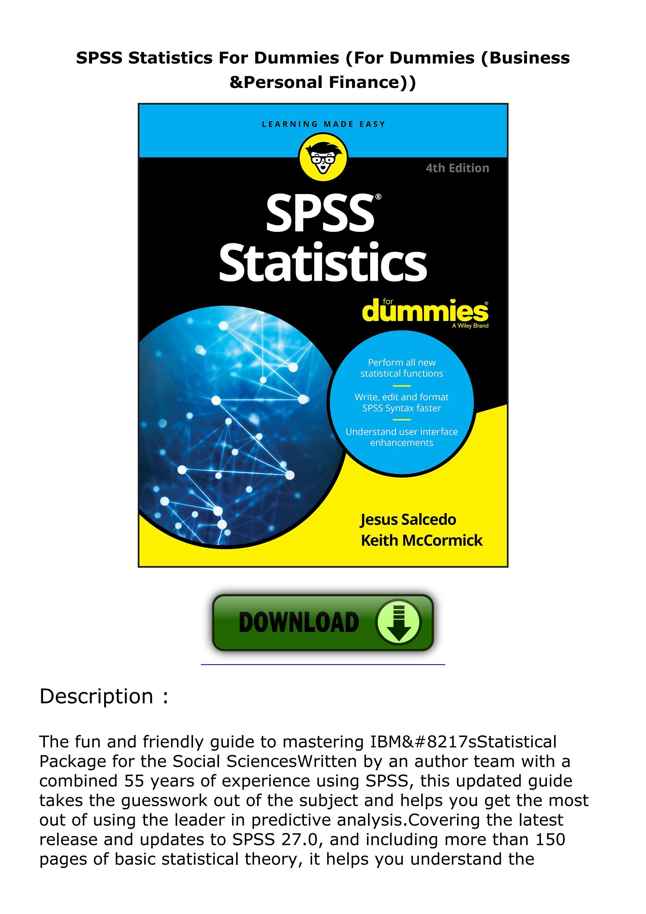 Read Download Spss Statistics For Dummies For Dummies Business And Personal Finance By 