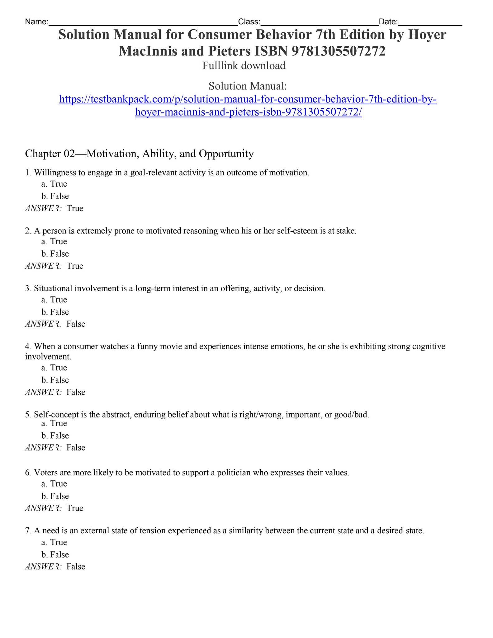 Solution manual for consumer behavior 7th edition by hoyer macinnis and ...