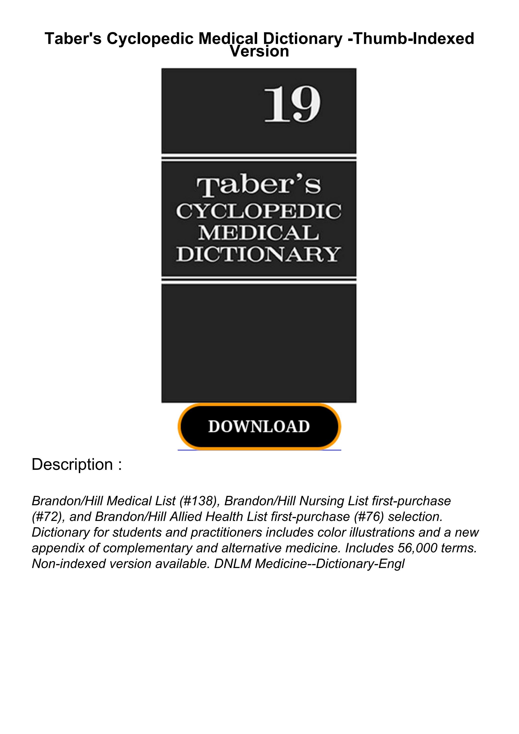 PDF/READ Taber's Cyclopedic Medical Dictionary -Thumb-Indexed Version ...