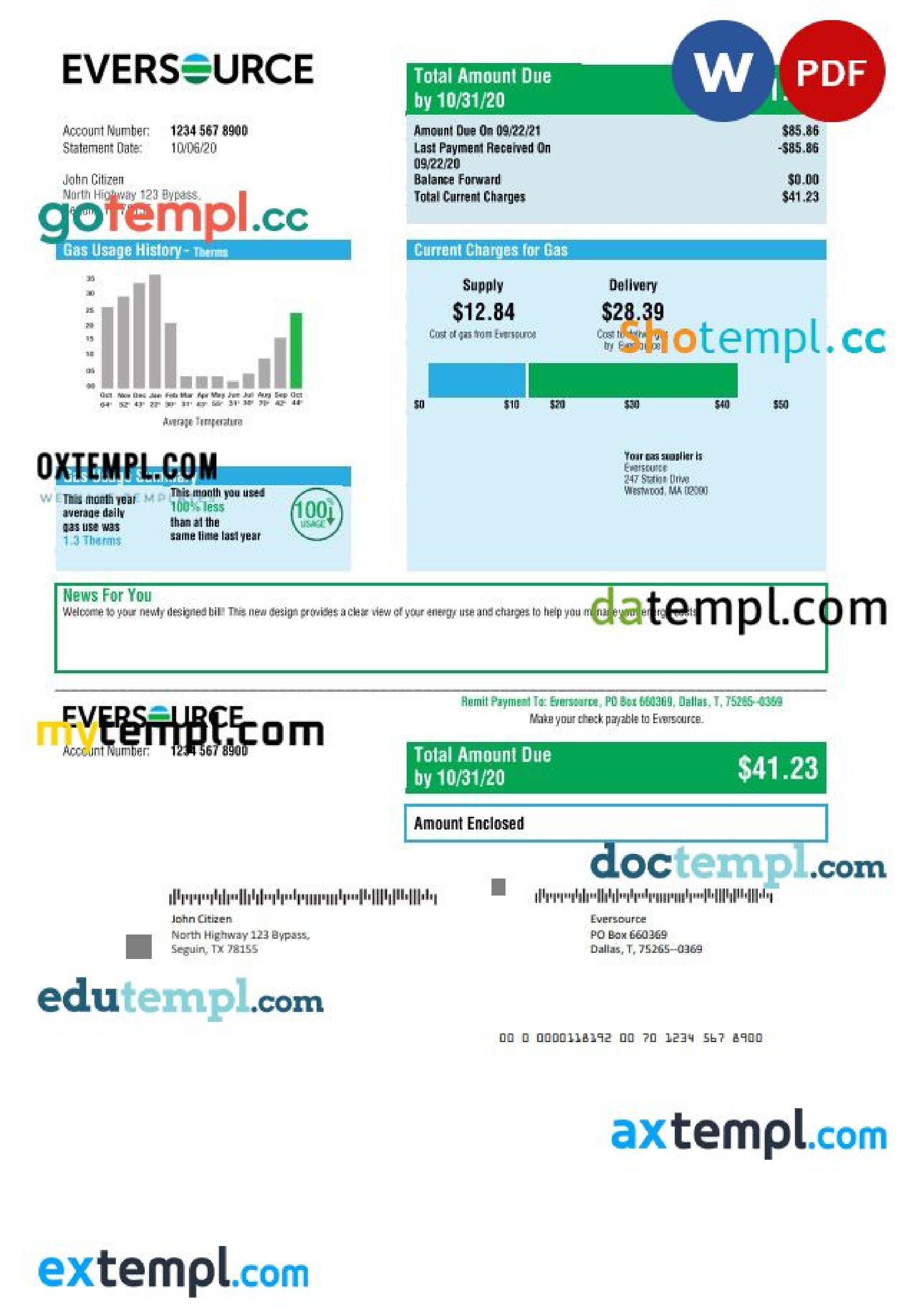 USA Eversource gas utility bill template in Word and PDF format, good ...