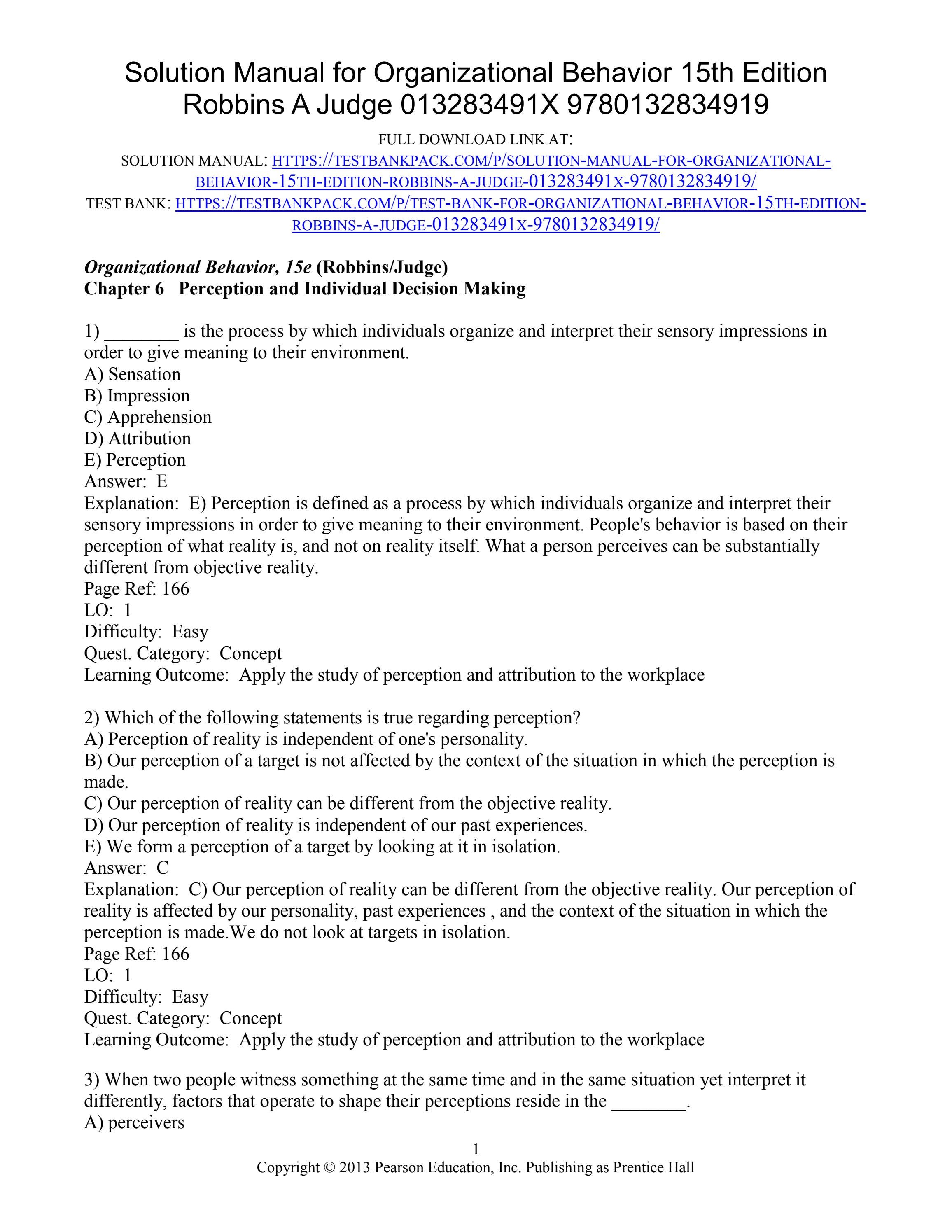 Organizational behavior 15th edition robbins test bank 1 by christin ...