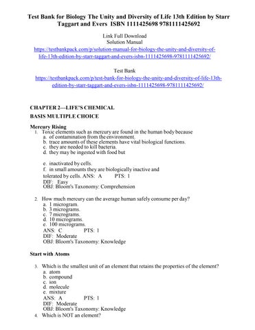 Test bank for biology the unity and diversity of life 13th edition by ...