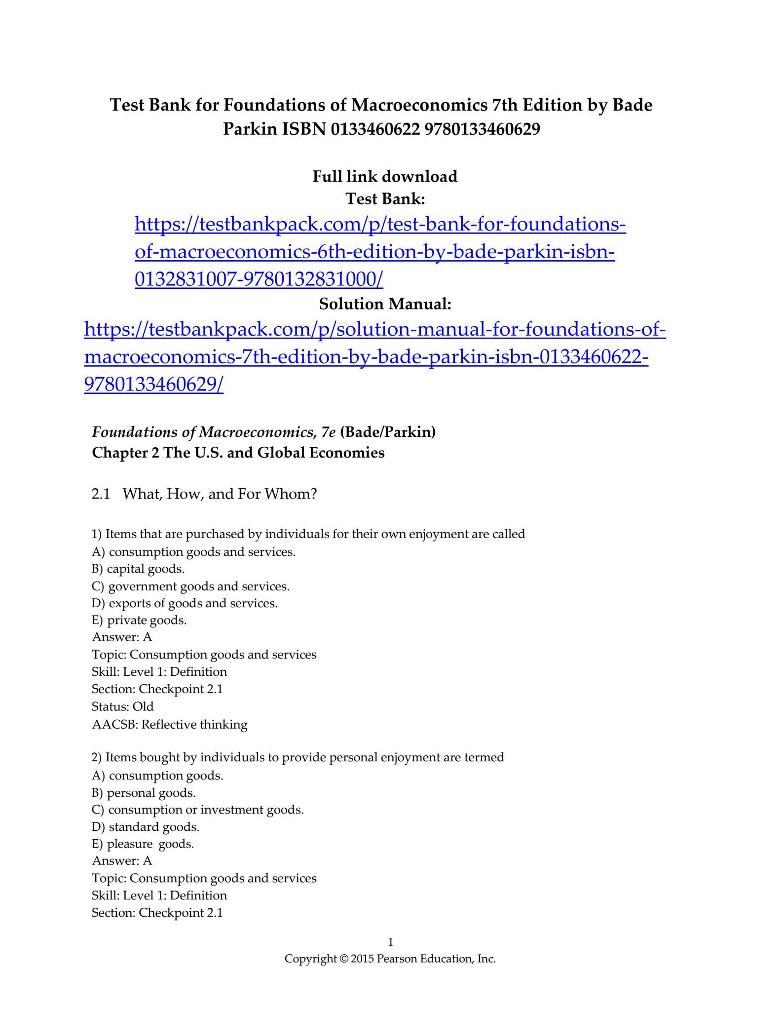 Test bank for foundations of macroeconomics 7th edition by bade parkin ...