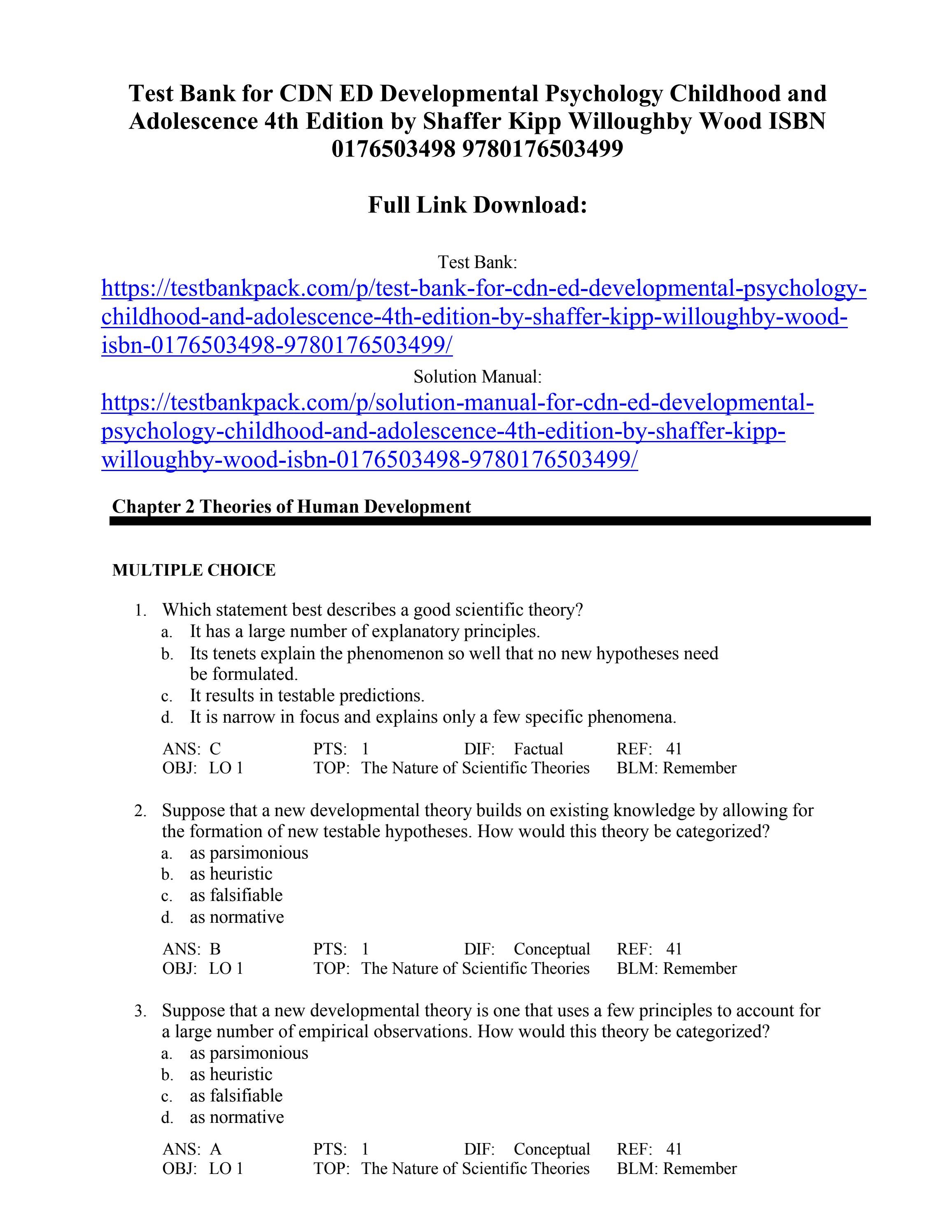 Test bank for cdn ed developmental psychology childhood and adolescence ...