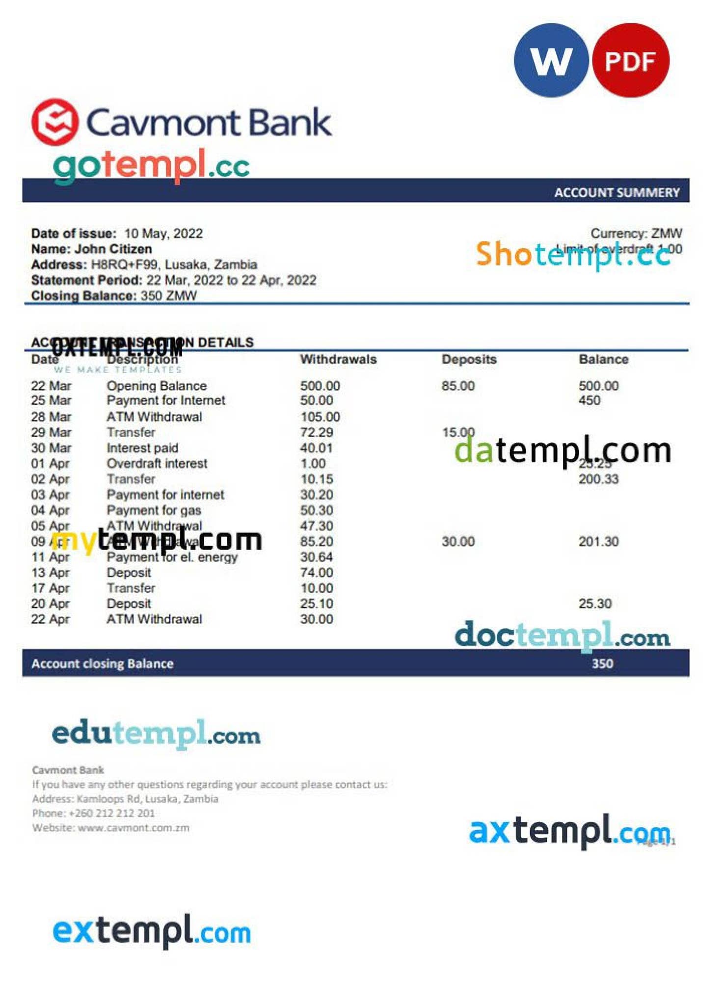 Zambia Cavmont bank statement template in Word and PDF format by doctemplccstore - Issuu