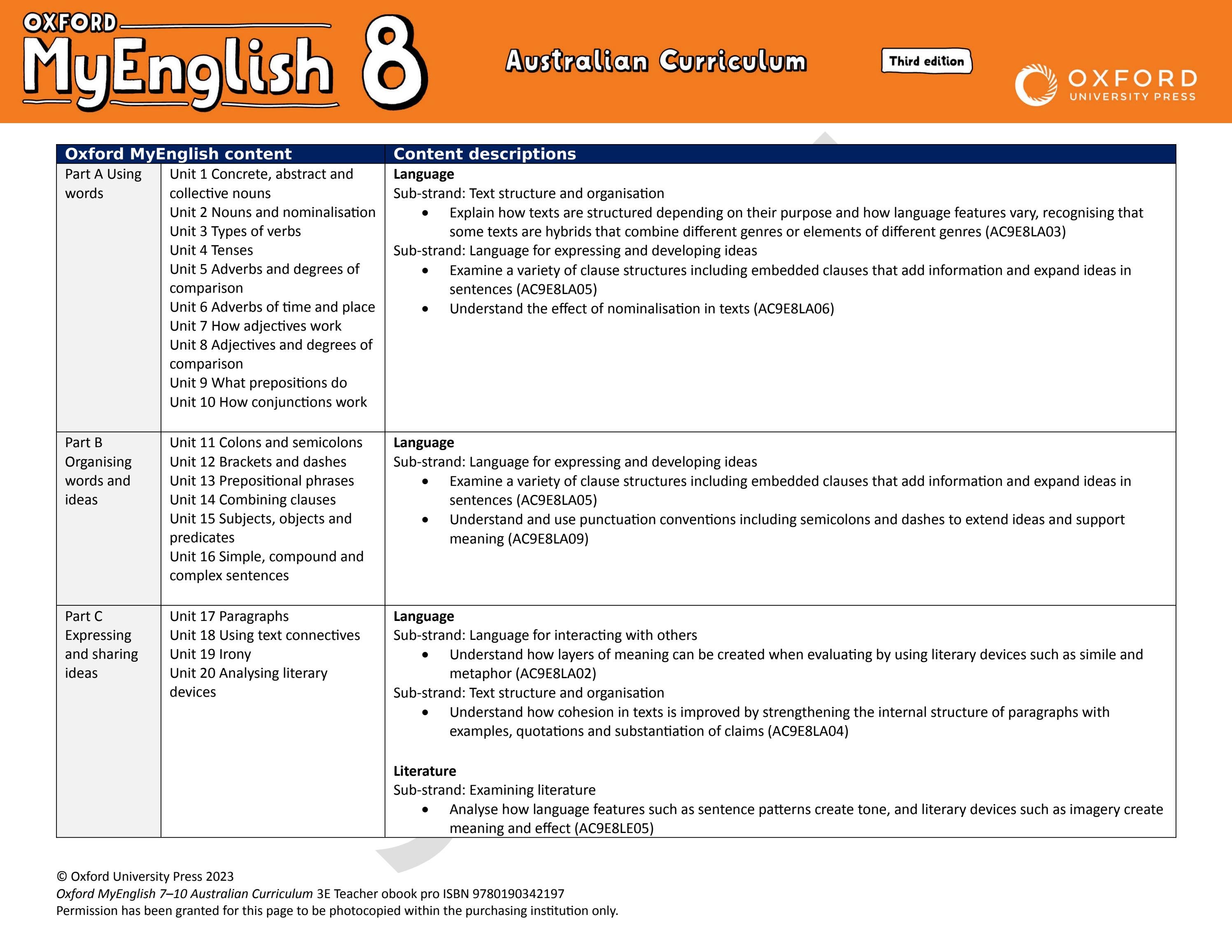 Oxford MyEnglish Australian Curriculum Year 8 curriculum grid sample by ...