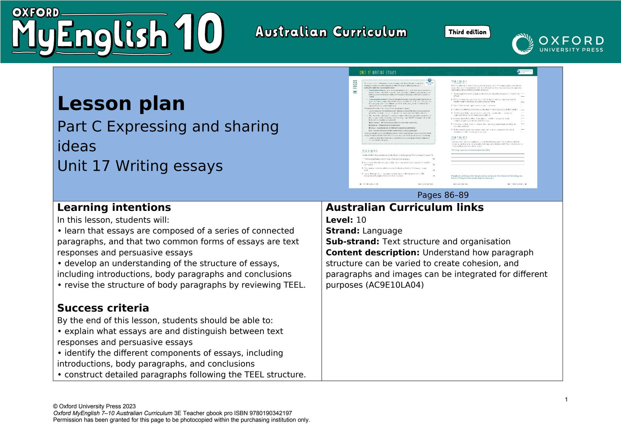 Oxford MyEnglish Year 10 Australian Curriculum sample lesson plan by ...