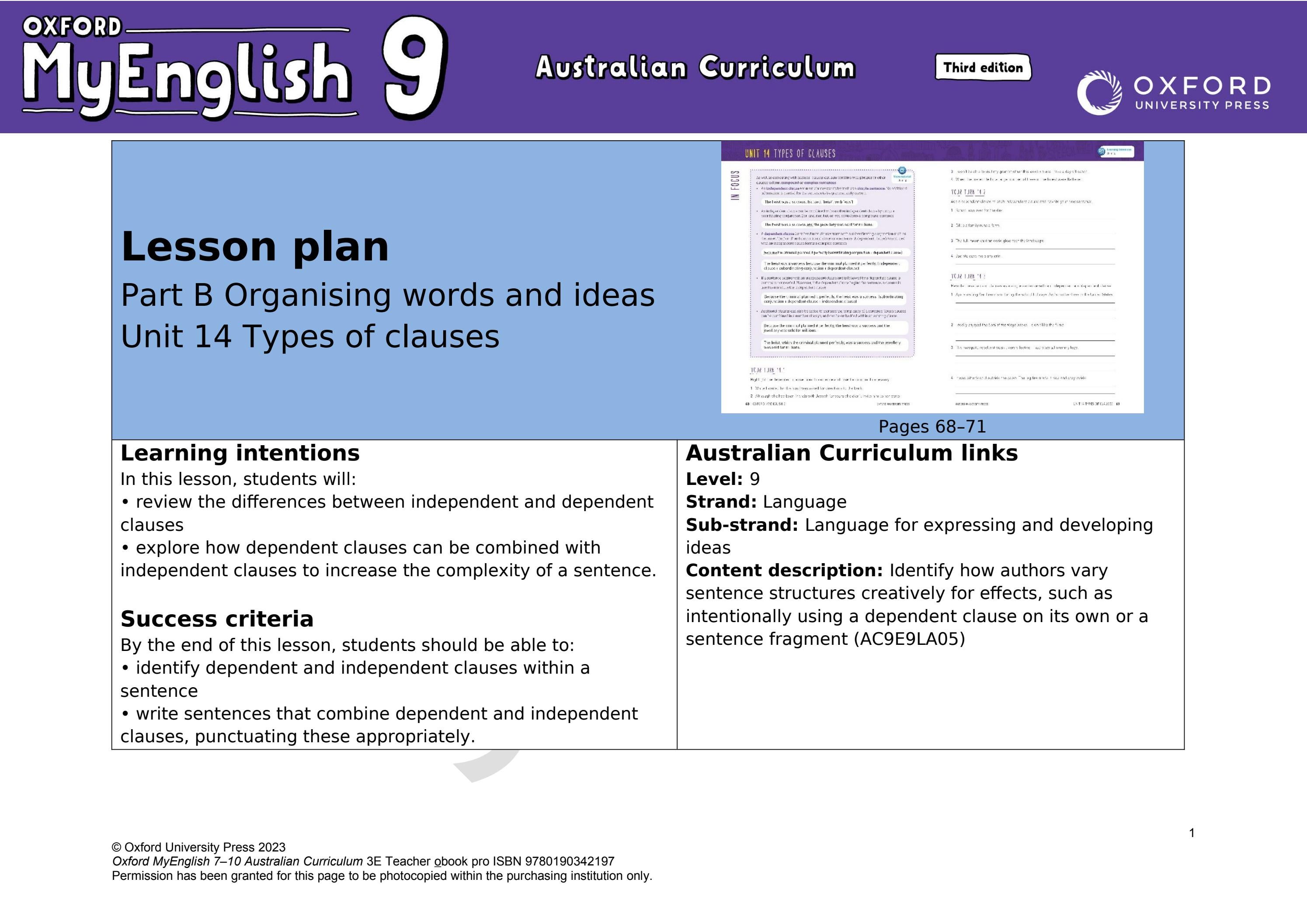 Oxford MyEnglish Year 9 Australian Curriculum sample lesson plan by ...