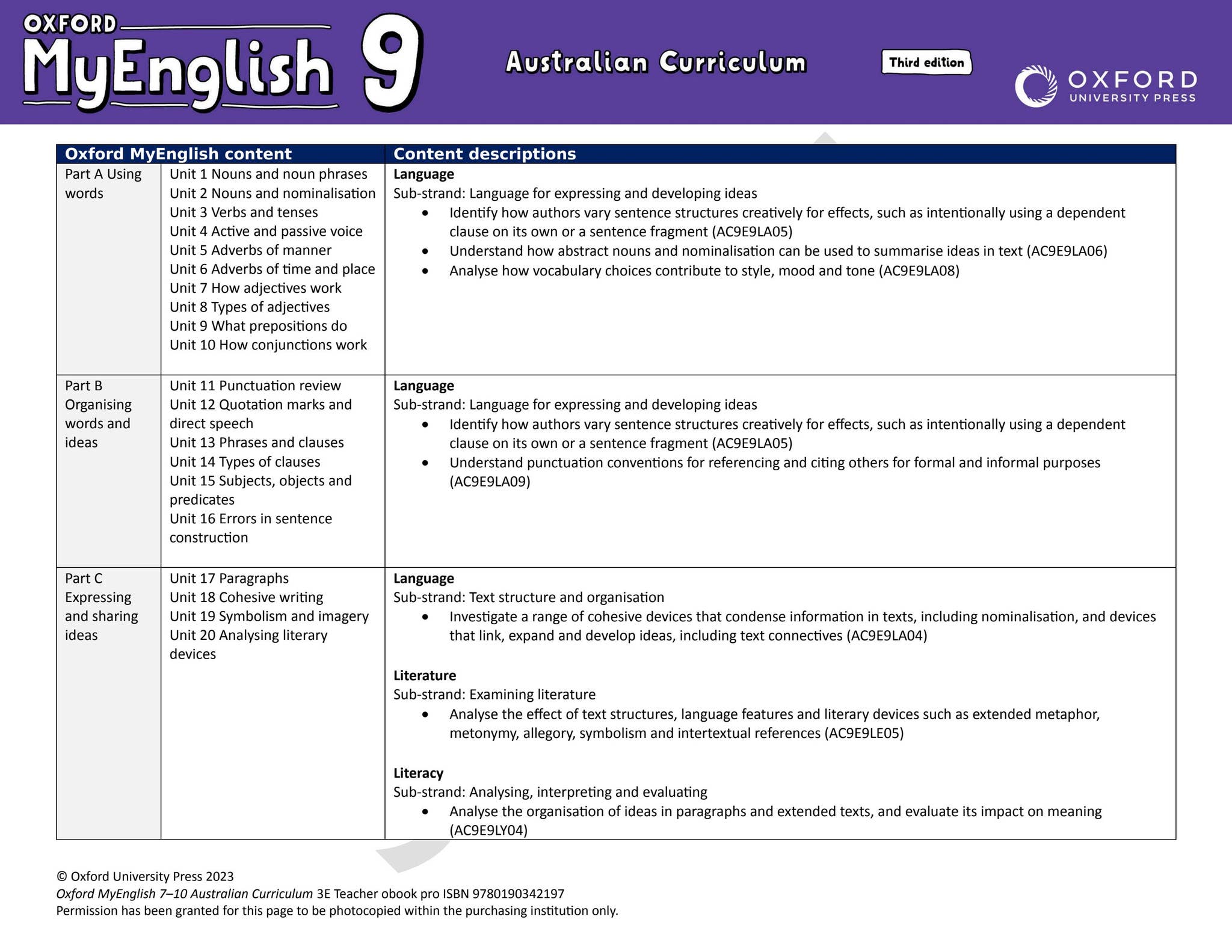 Oxford MyEnglish 9 AC sample curriculum grid by OUPANZ - Issuu