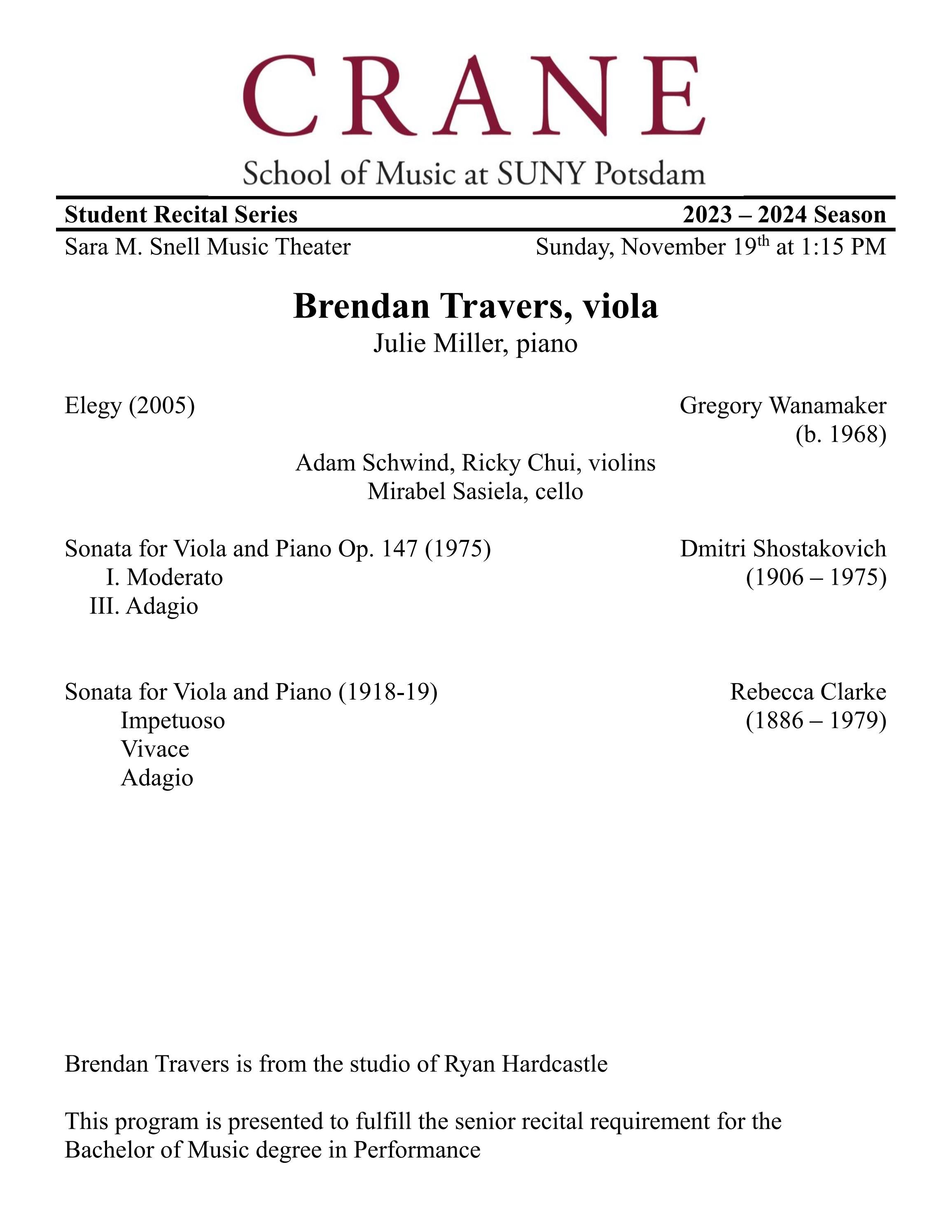 11.19.23 Brendan Travers, Viola by The Crane School of Music - Issuu