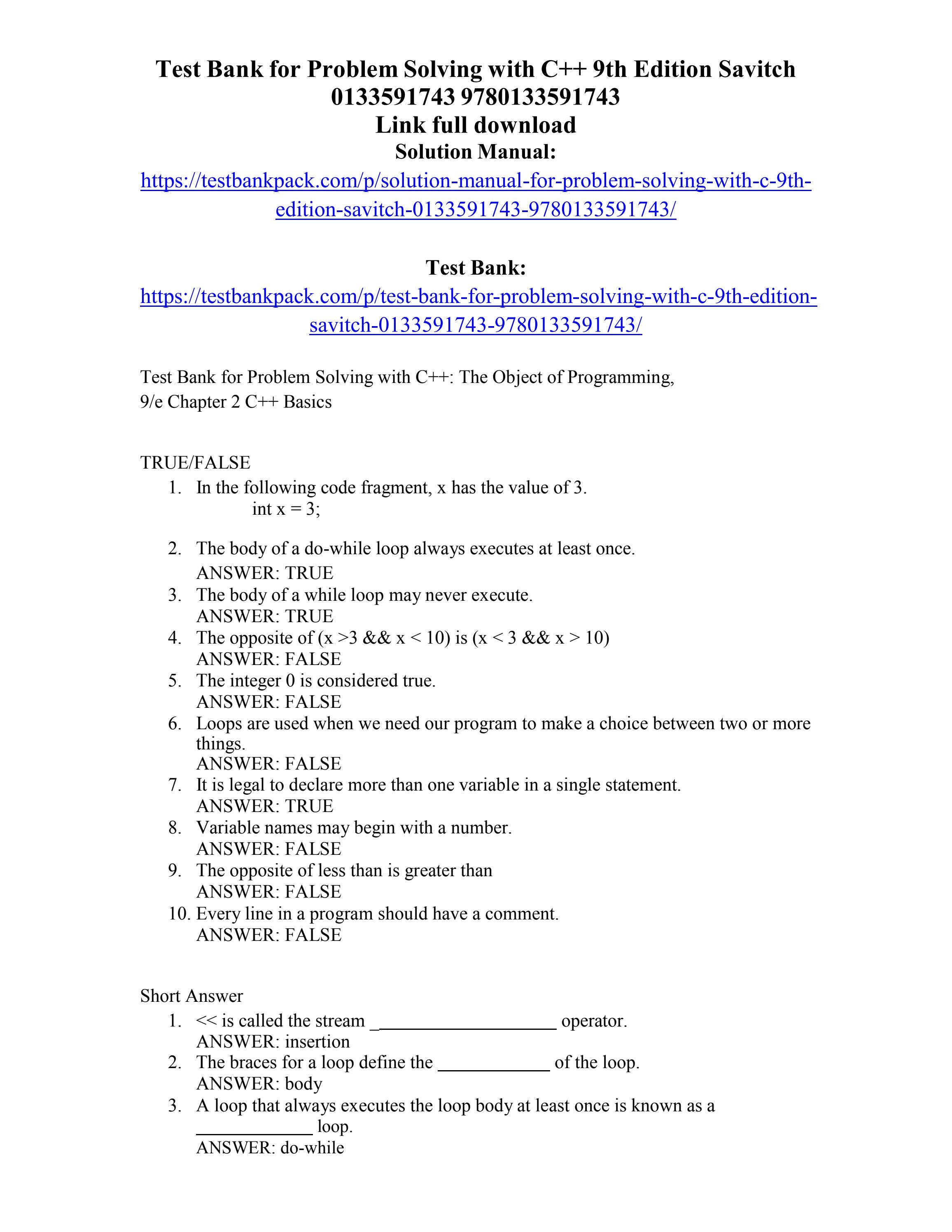 Test bank for problem solving with c 9th edition savitch 0133591743 ...
