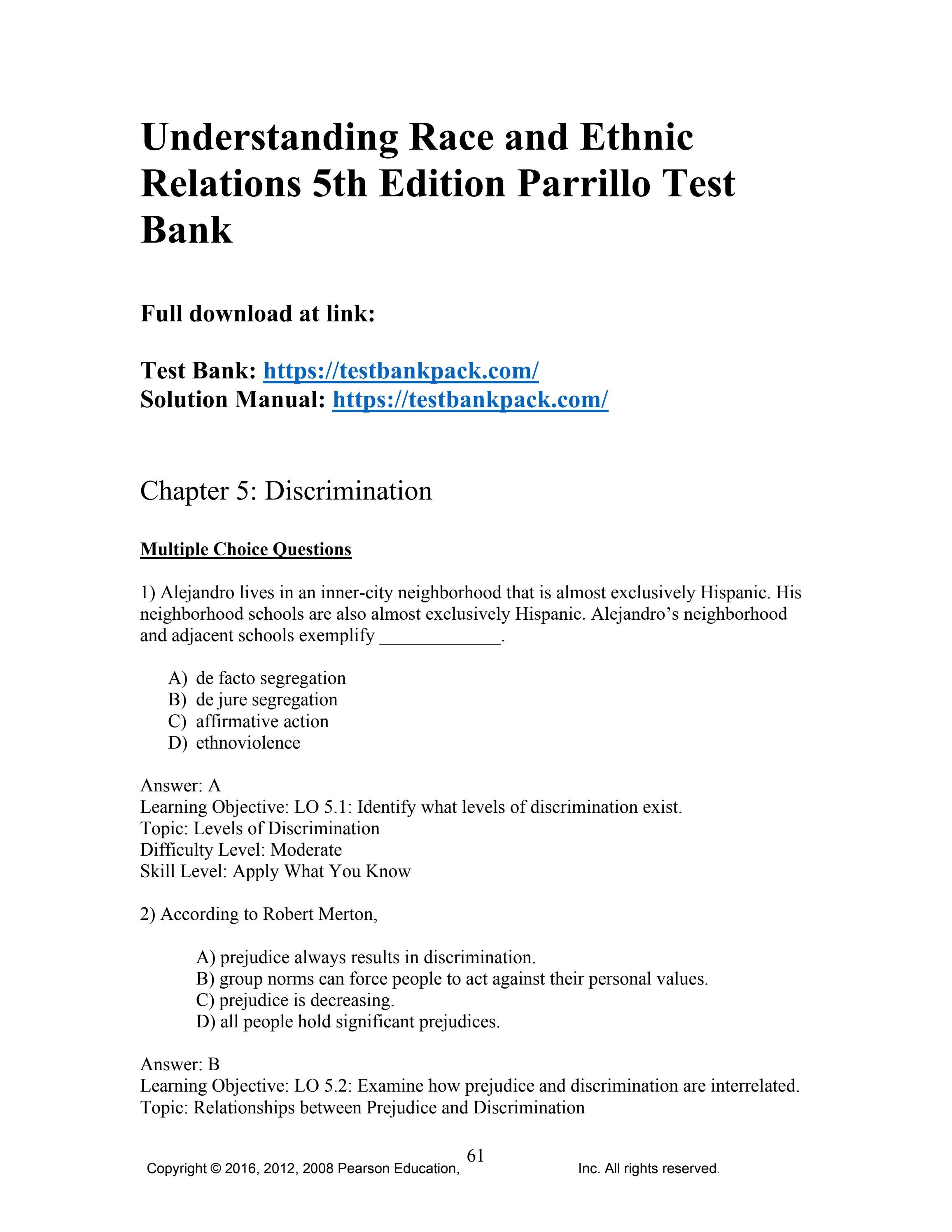 Understanding race and ethnic relations 5th edition parrillo test bank ...
